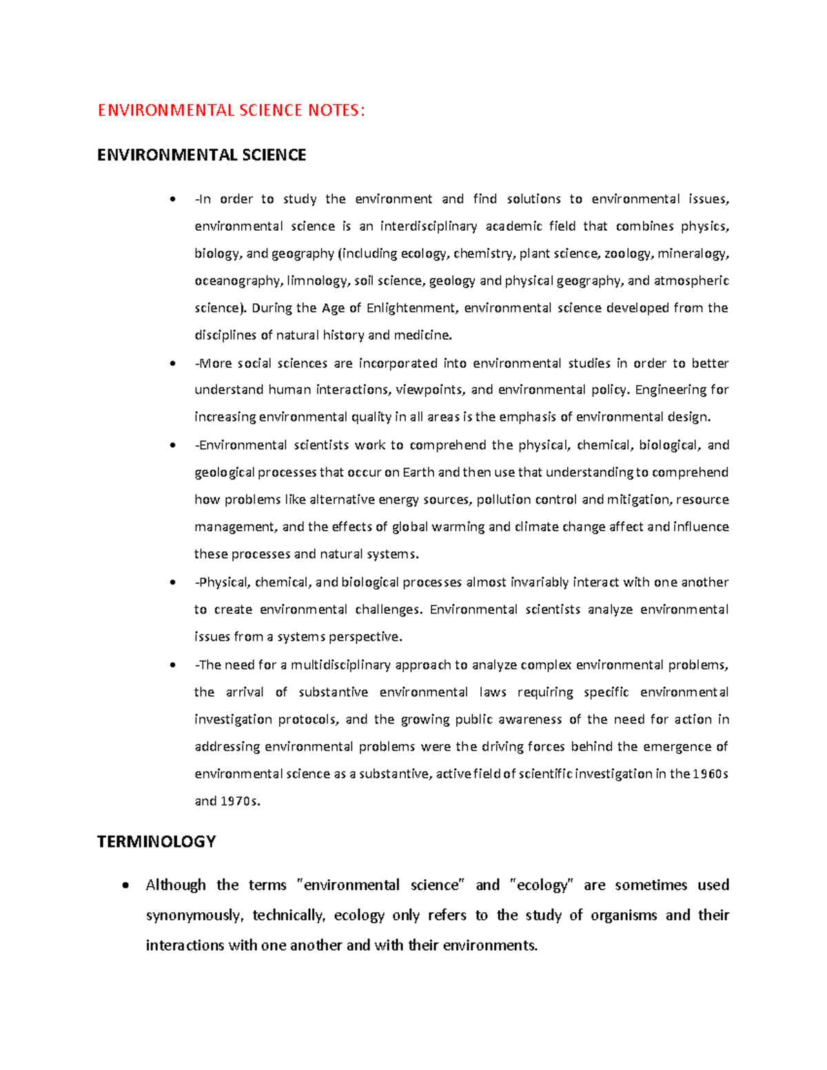 Environmental Science - ENVIRONMENTAL SCIENCE NOTES: ENVIRONMENTAL ...