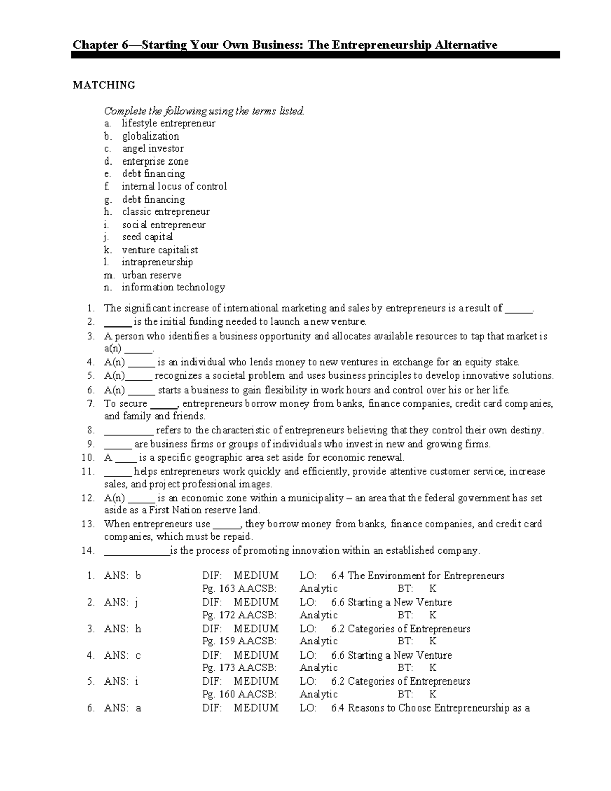 Ch06 testbank - Copy - VO VP ZL - Chapter 6—Starting Your Own Business ...