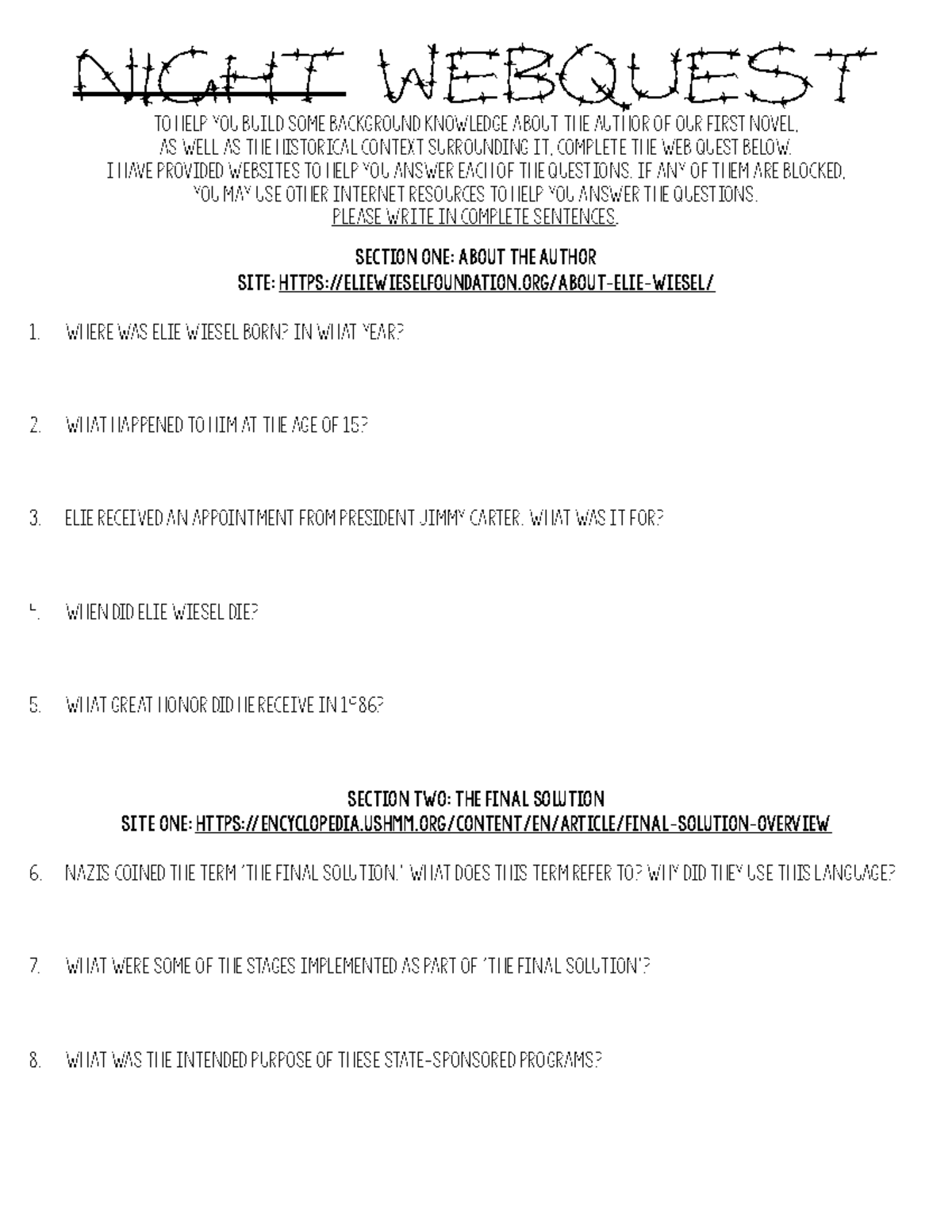 Night Webquest - NIGHT WEBQUEST To help you build some background ...