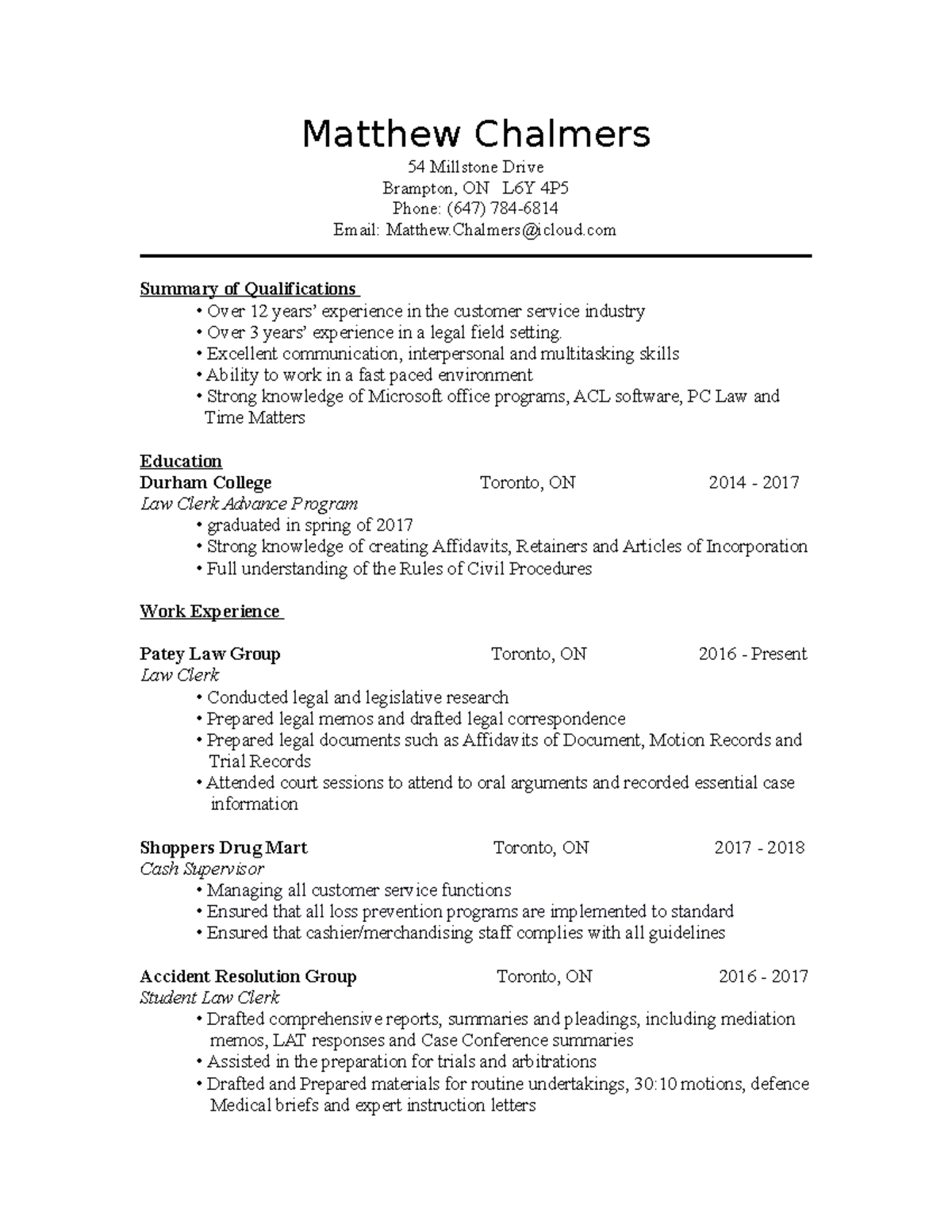 Matthew Chalmers Resume 2019 - Matthew Chalmers 54 Millstone Drive ...