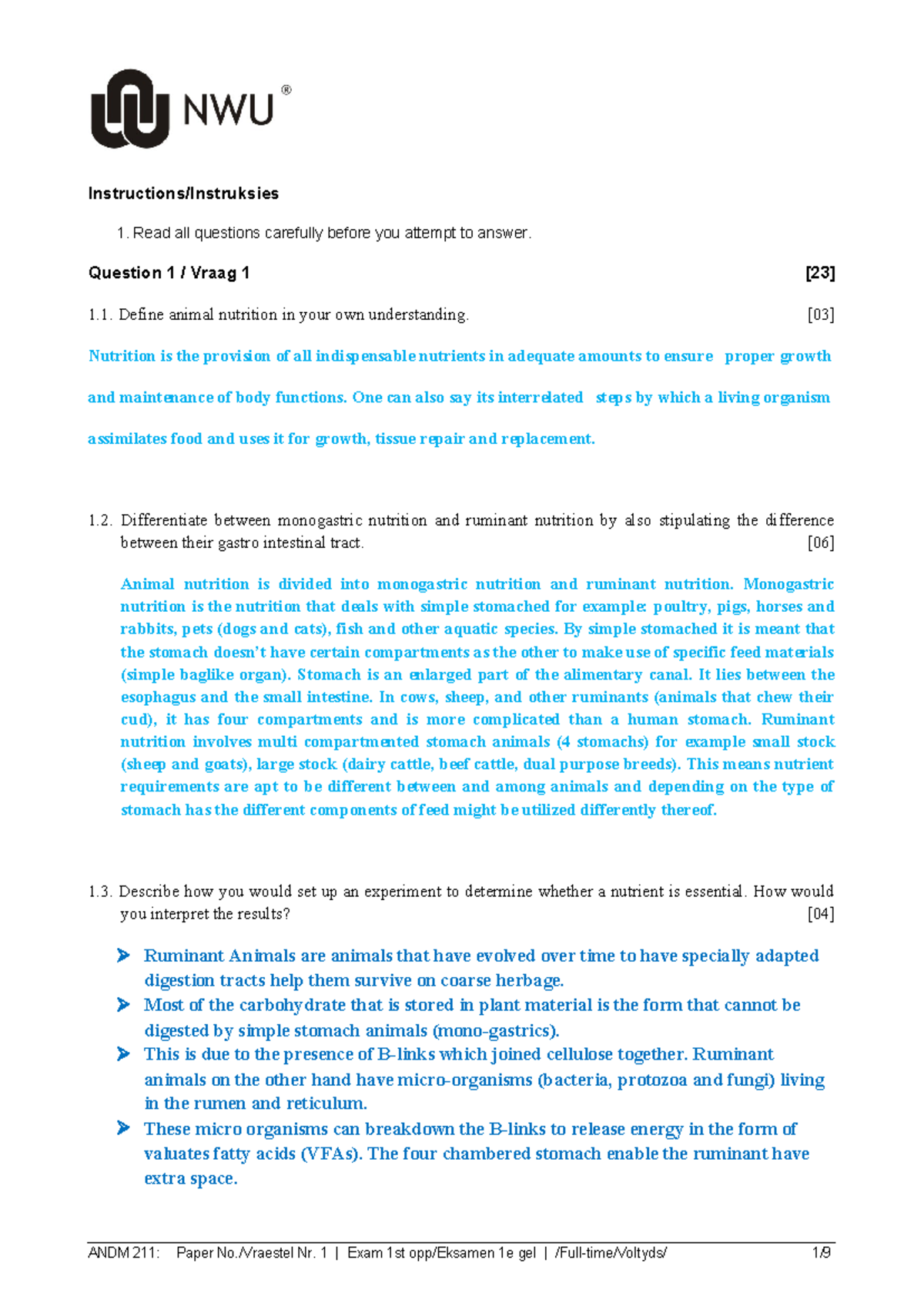 1ST Exam Paper ANDM 211 Marking Guide - Instructions/Instruksies 1 ...