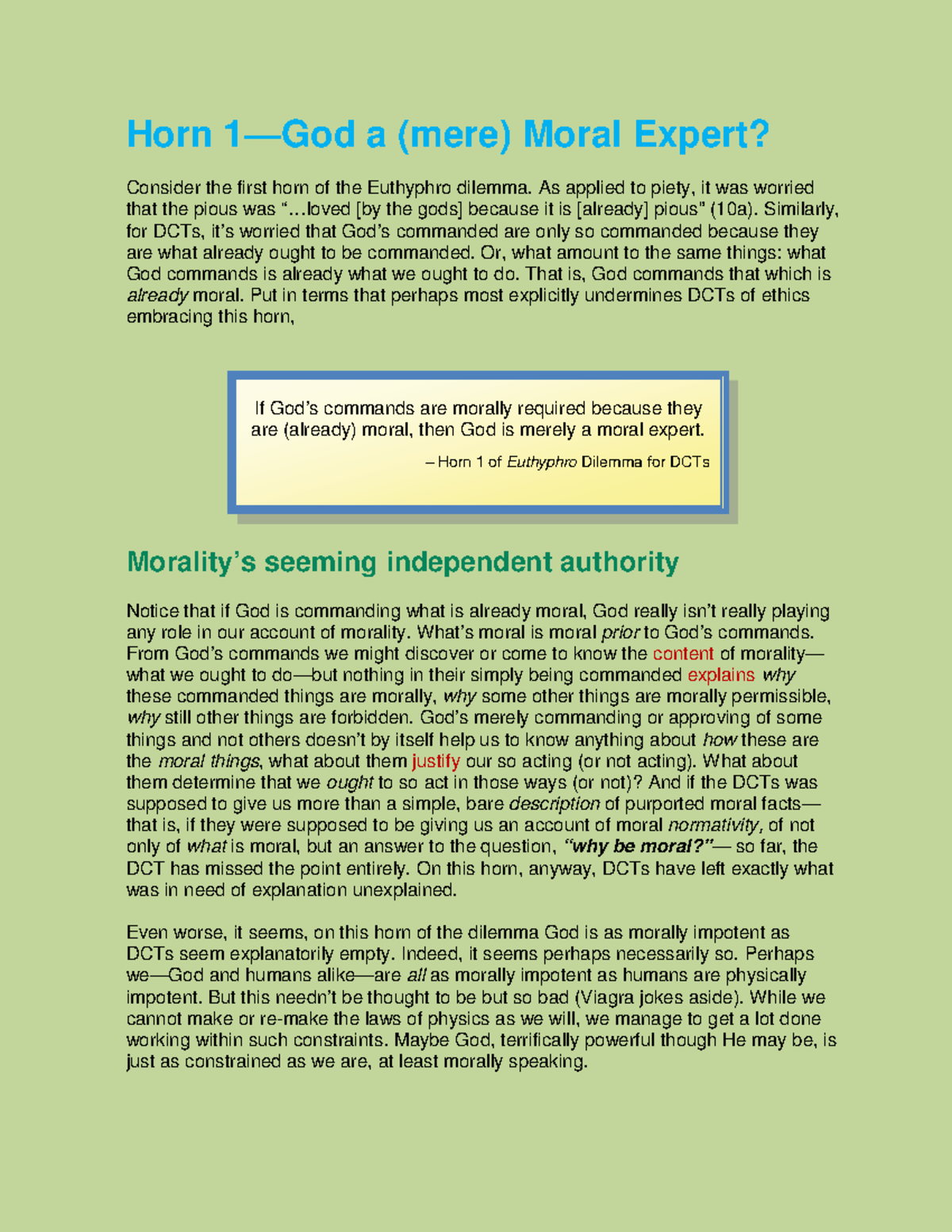 Ethics- horn1 - Horn 1—God a (mere) Moral Expert? Consider the first horn of the Euthyphro ...