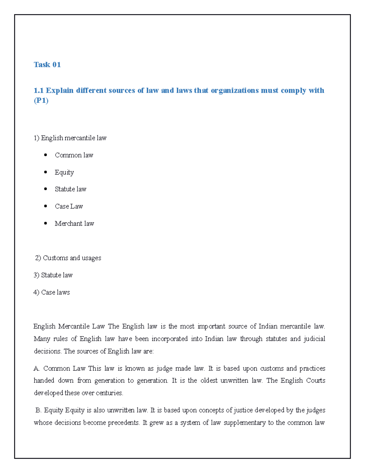 Business Law Assignment 1 - 2000 words - Task 01 1 Explain different ...