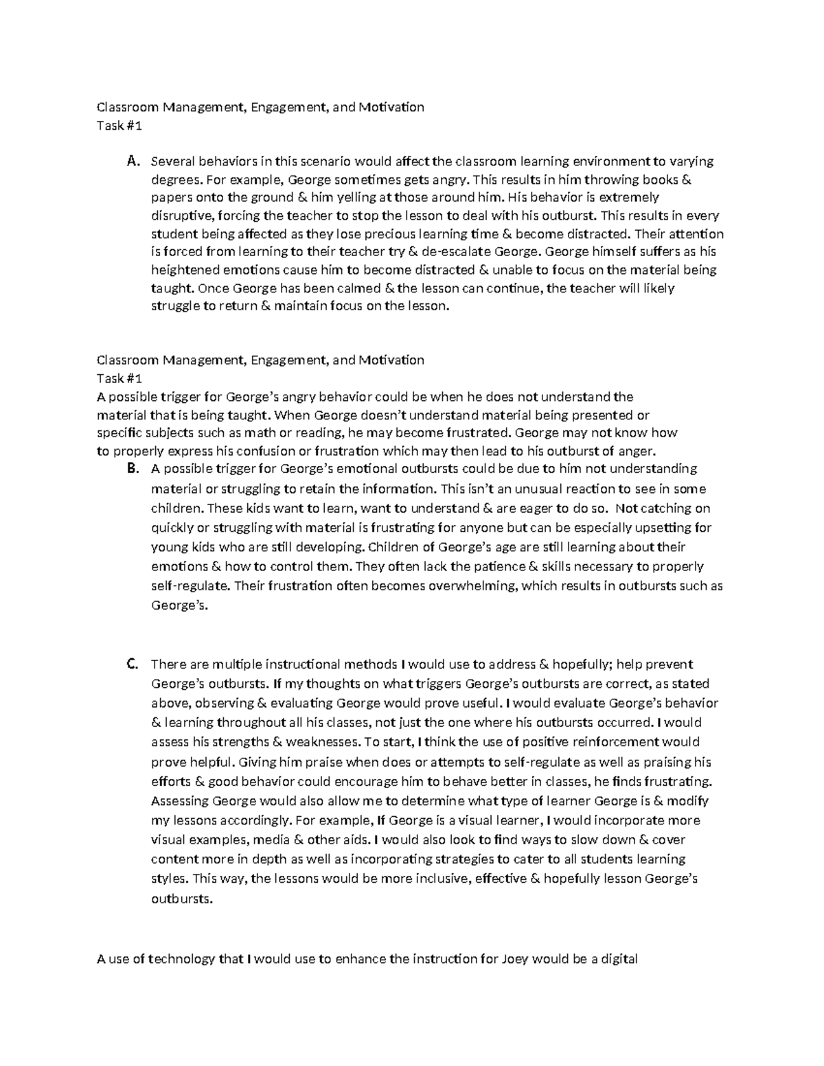 Classroom Management Task 1 Revised - Classroom Management, Engagement ...