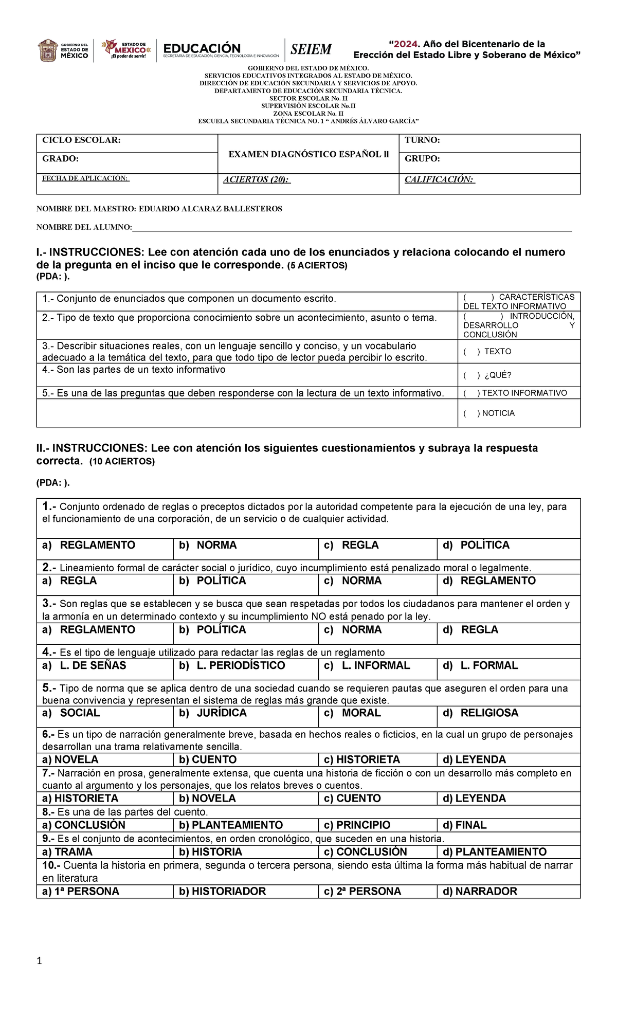 Examen Diagnostico EspañOL 1º - GOBIERNO DEL ESTADO DE MÉXICO. SERVICIOS EDUCATIVOS INTEGRADOS ...