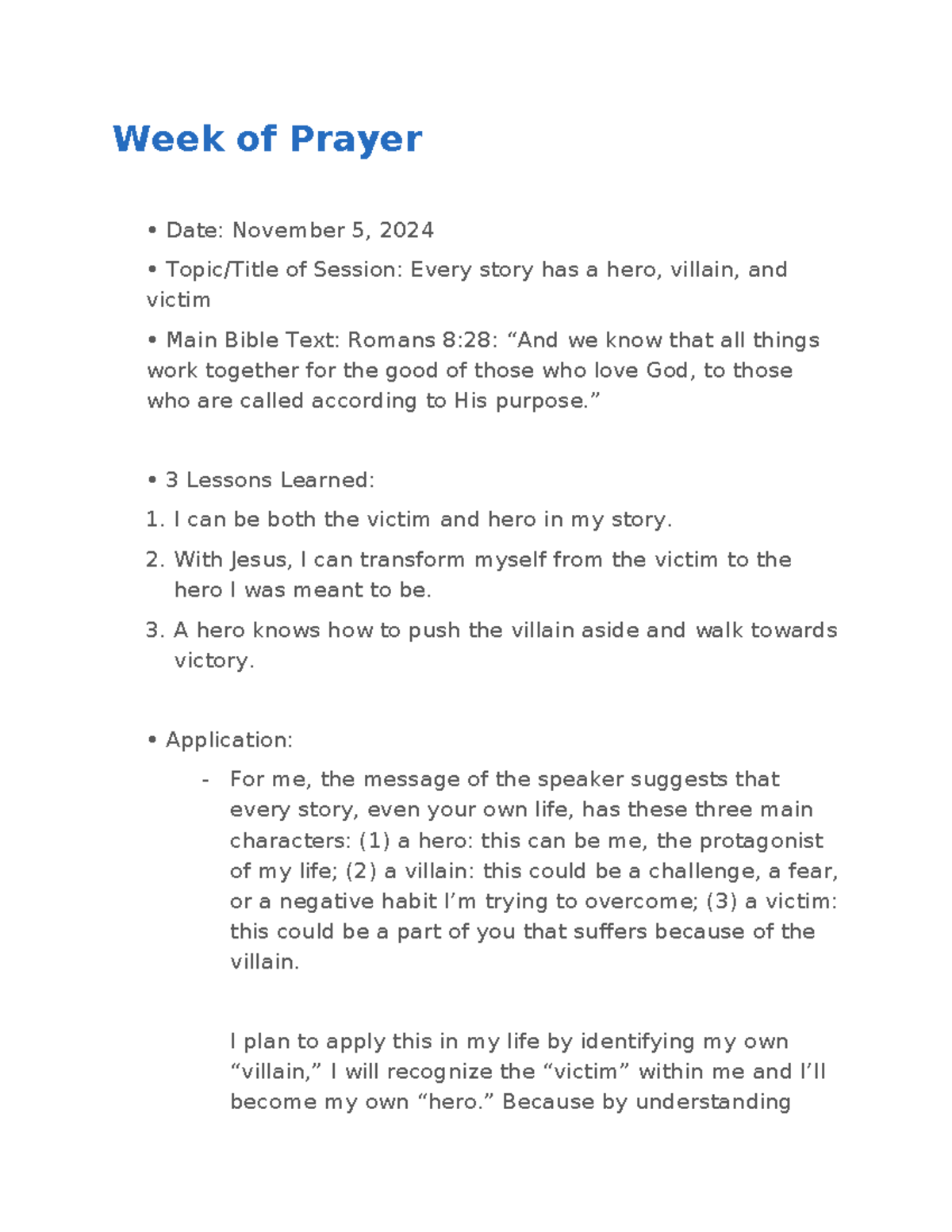 Week of Prayer Assignment - Week of Prayer • Date: November 5, 2024 • Topic/Title of Session ...