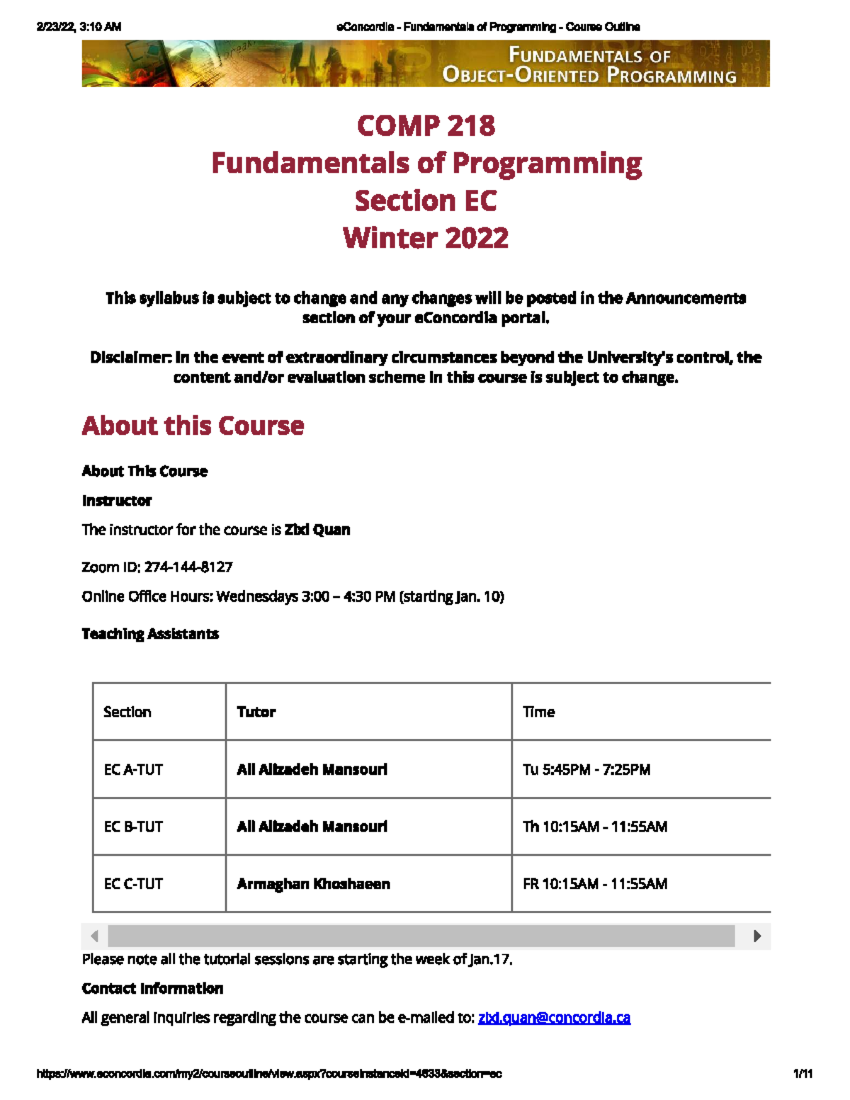 Winter 2022 - COMP 218 Course Outline - COMP 218 - Studocu