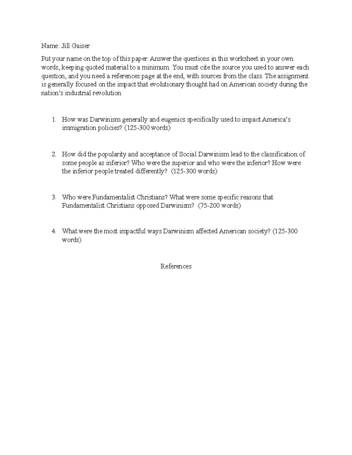 Darwinism and American Society Worksheet - Name: Jill Gaiser Put your ...