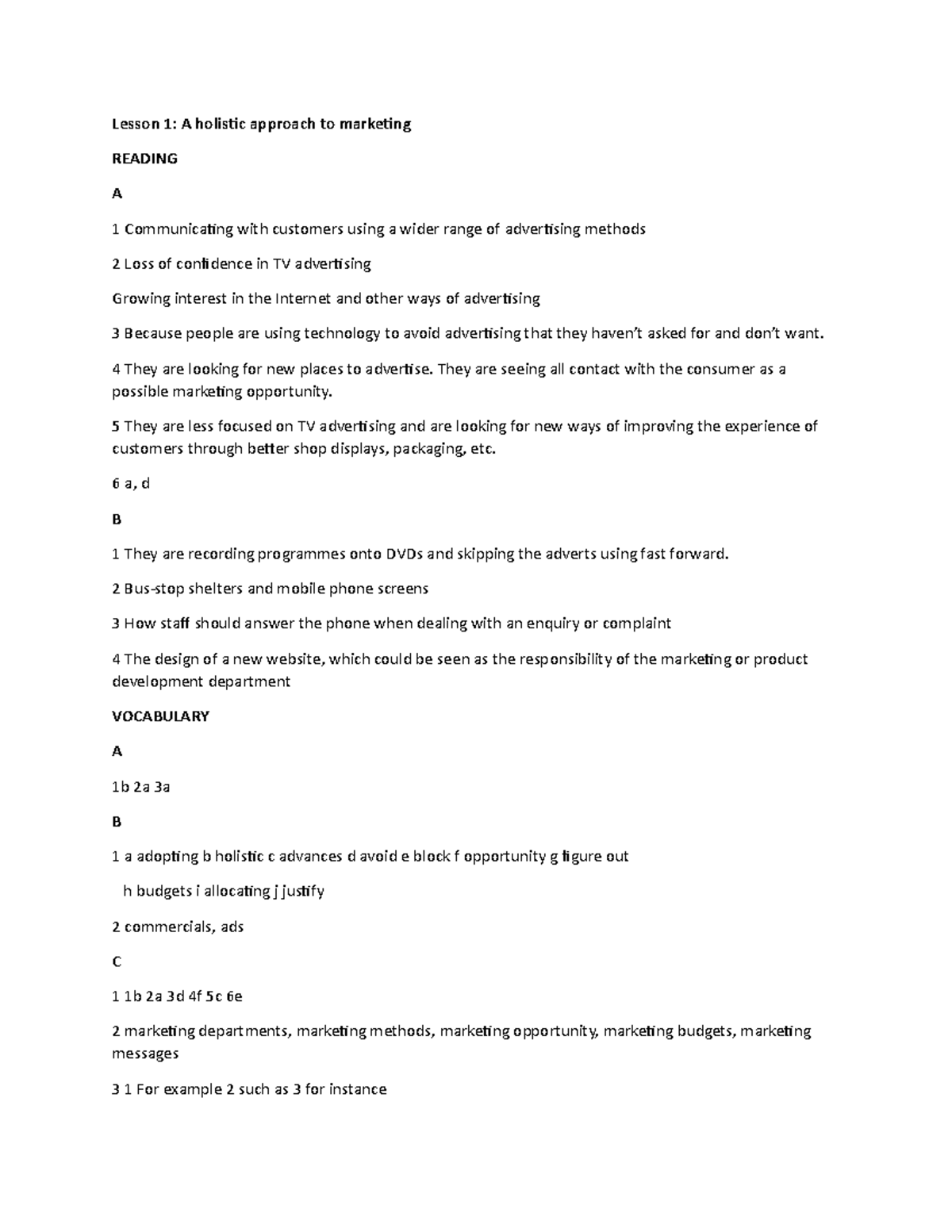 Reading - Lesson 1: A holistic approach to marketing READING A 1 ...