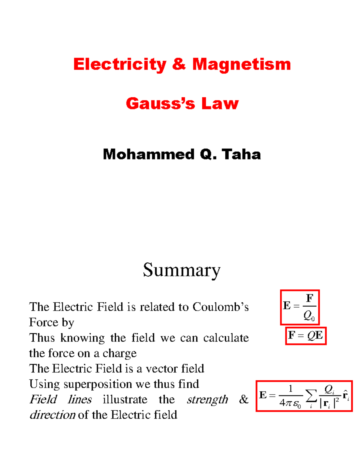 Gauss’s Law - Gauss’s Law - Mohammed Q. Taha Electricity & Magnetism ...