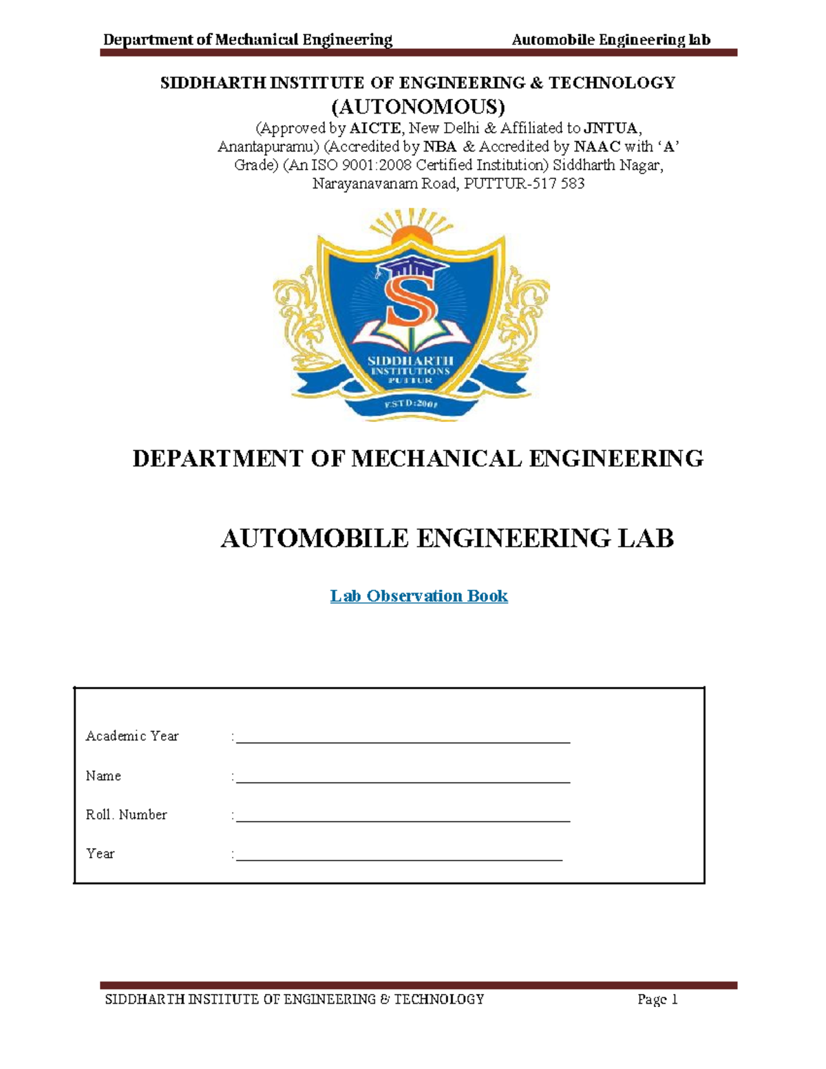 Automobile LAB - 2 wheeler & 4 Wheeler - SIDDHARTH INSTITUTE OF ...