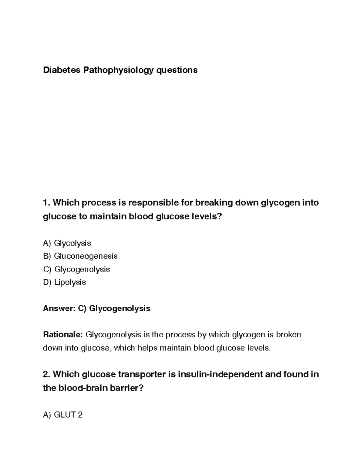Patho Diabetes Questions - Diabetes Pathophysiology questions 1. Which ...