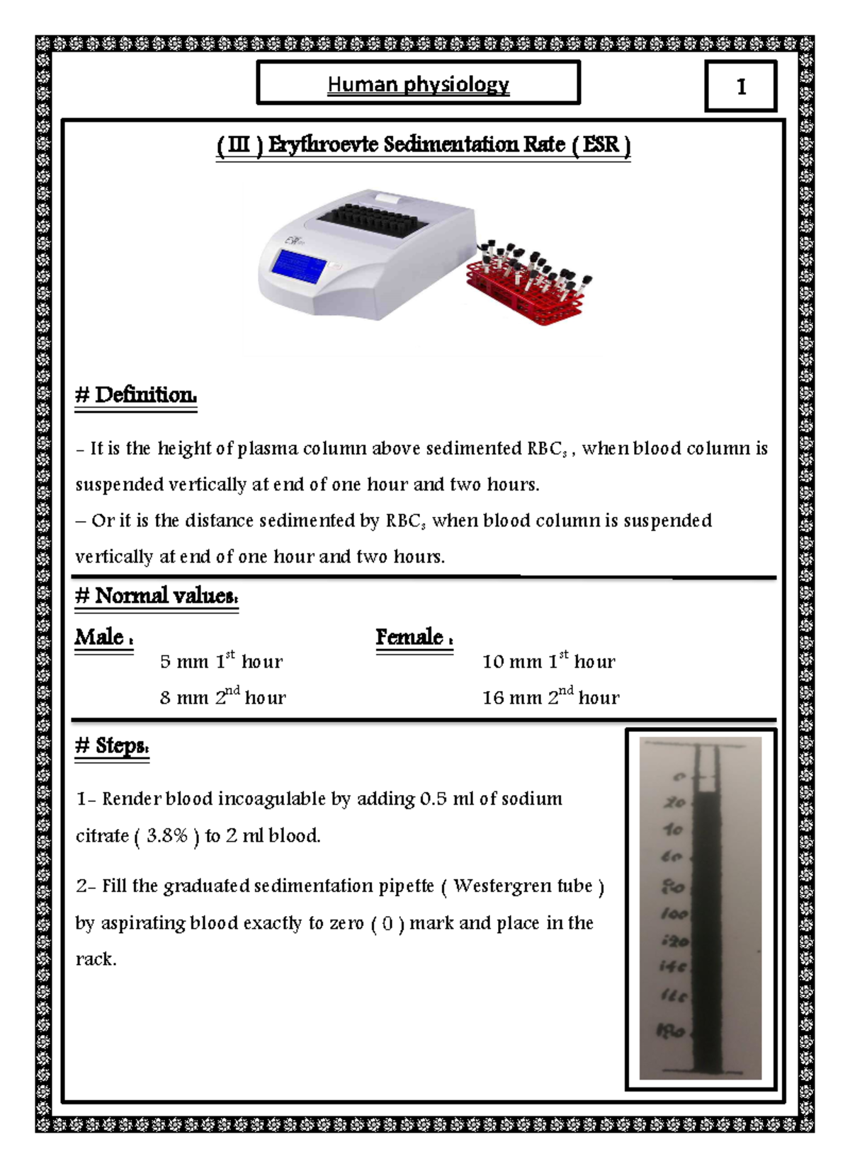 ( III ) Erythroevte Sedimentation Rate - Or it is the distance ...