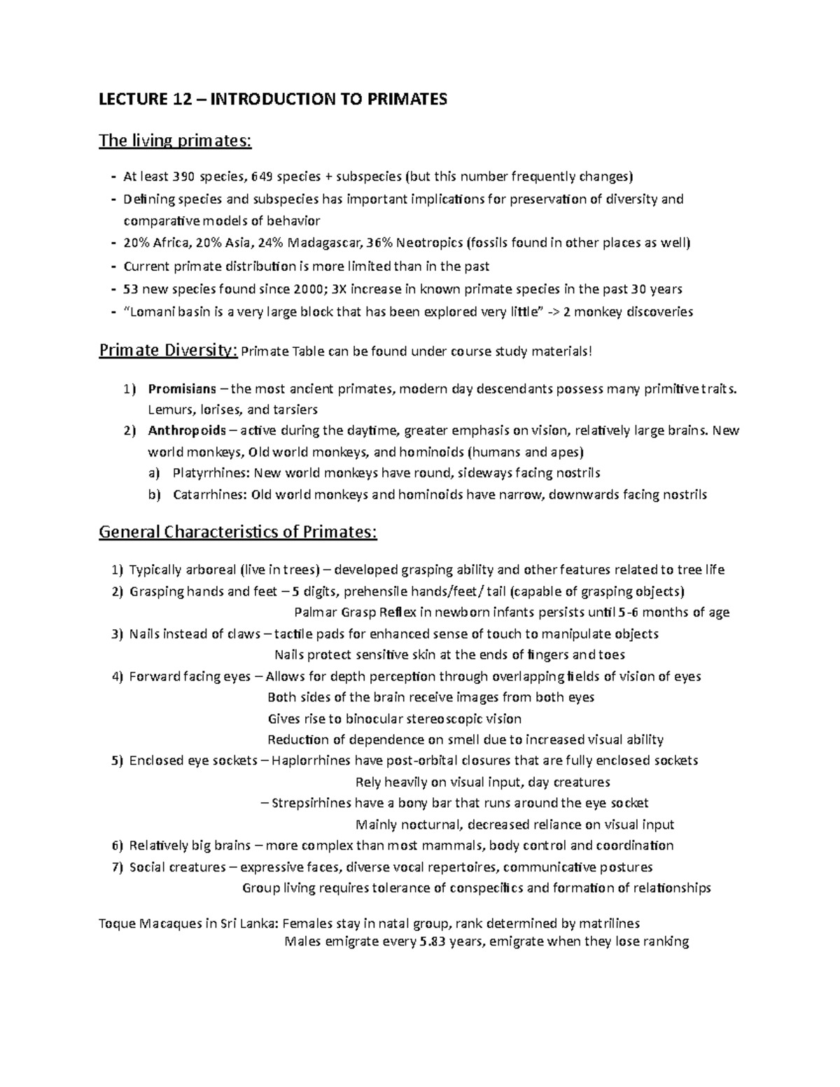 Test 1 notes - LECTURE 12 – INTRODUCTION TO PRIMATES The living ...