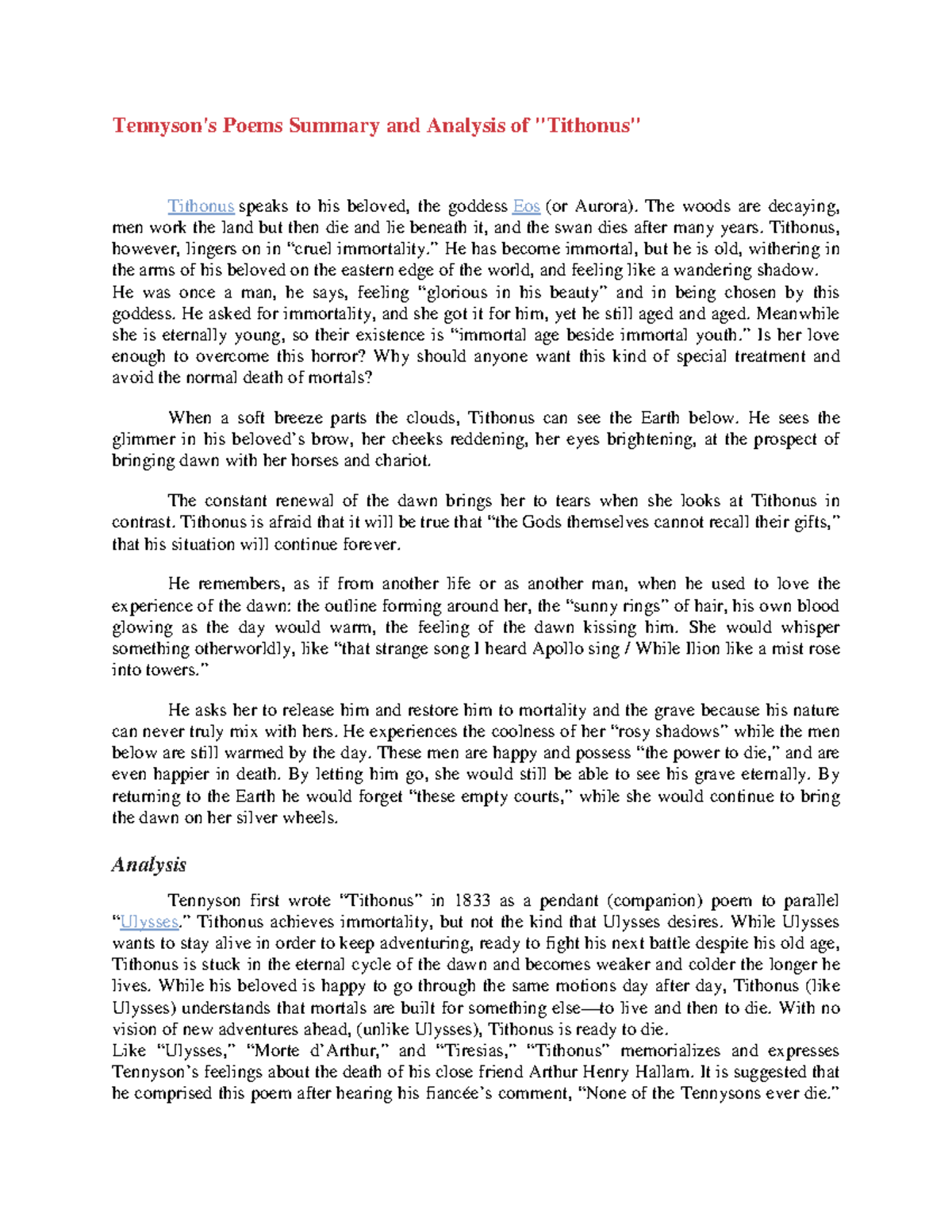 Tithonus A Brief Note - best for revision - Tennyson's Poems Summary ...