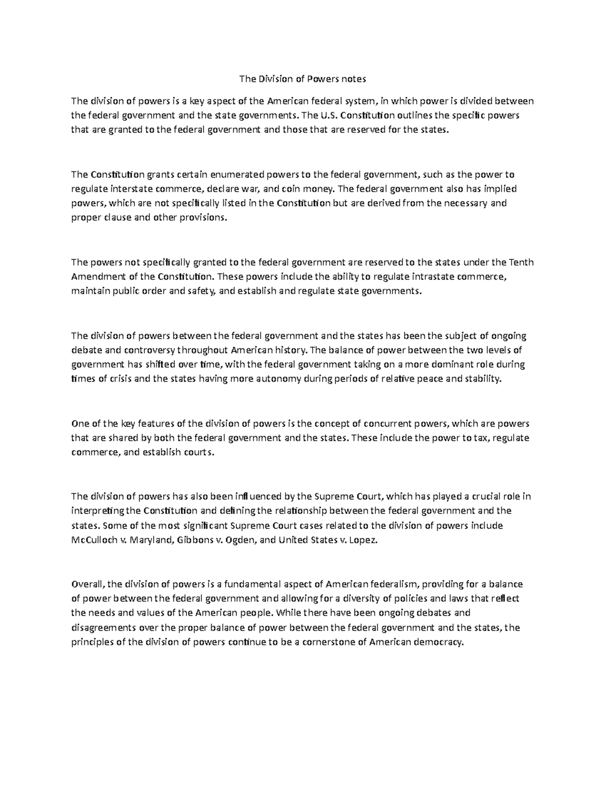 The Division of Powers notes - The U. Constitution outlines the ...