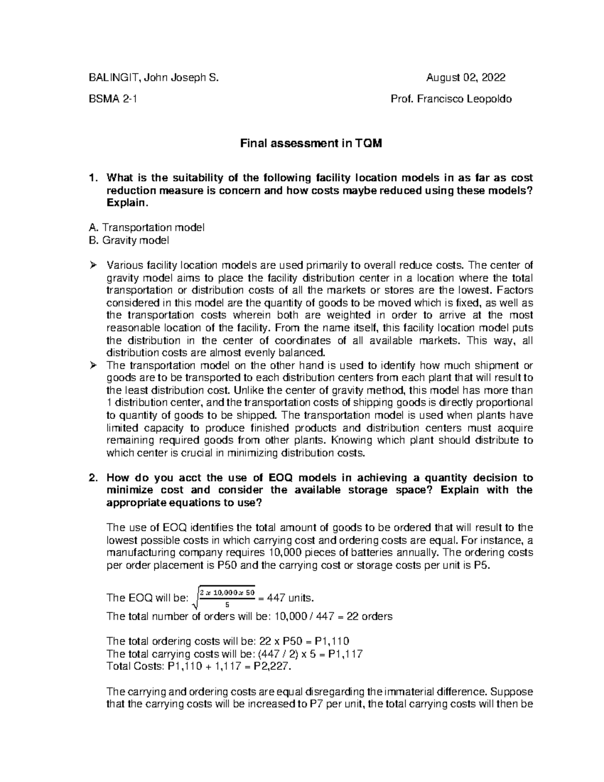 Balingit Final Quiz - tqm operation management lecture notes - BALINGIT ...
