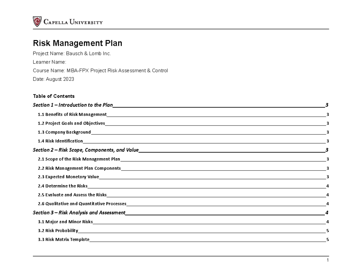 MBA FPX5334 Assessment 2-1 - Risk Management Plan Project Name: Bausch ...