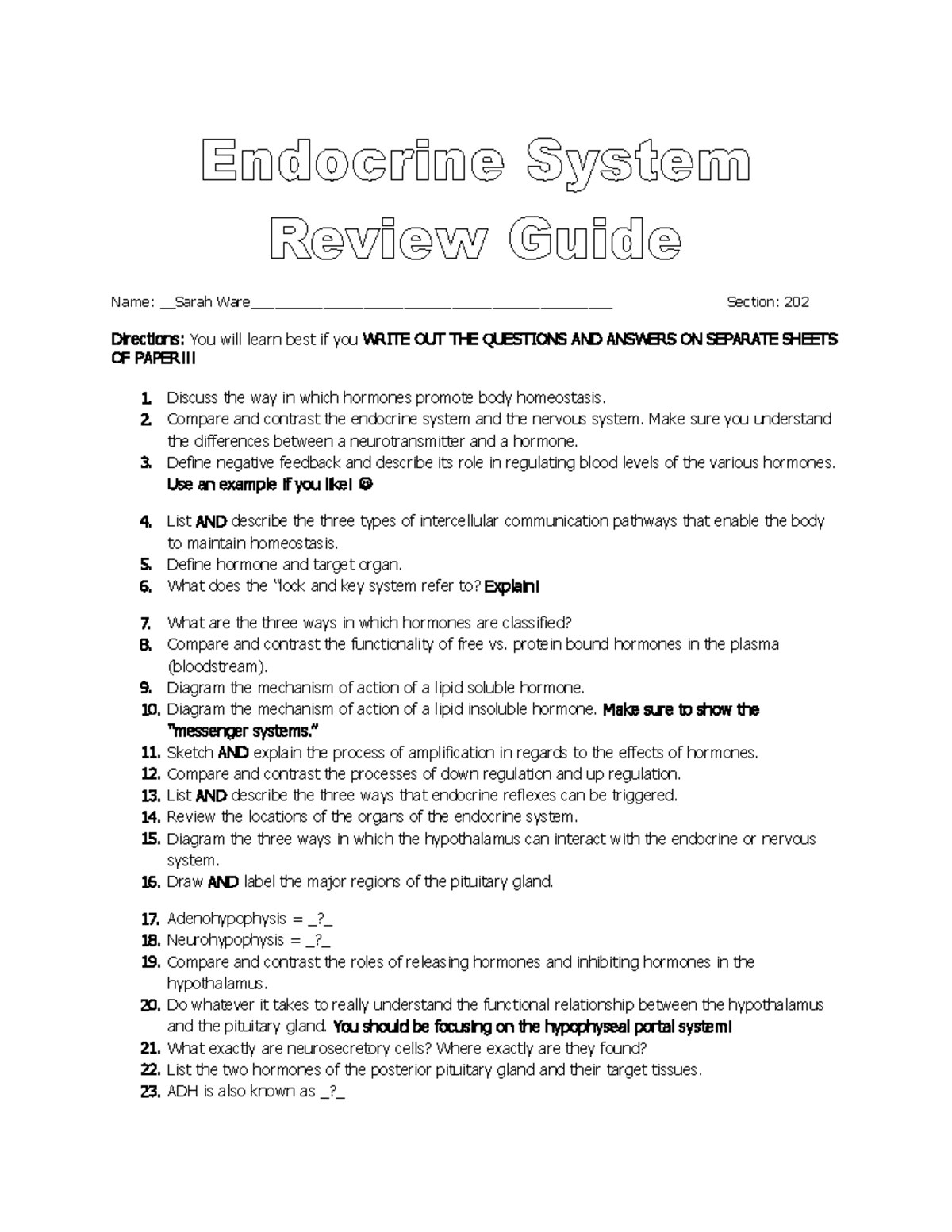 1 Endocrine System Review Guidemw 2021 - Name: Sarah Ware