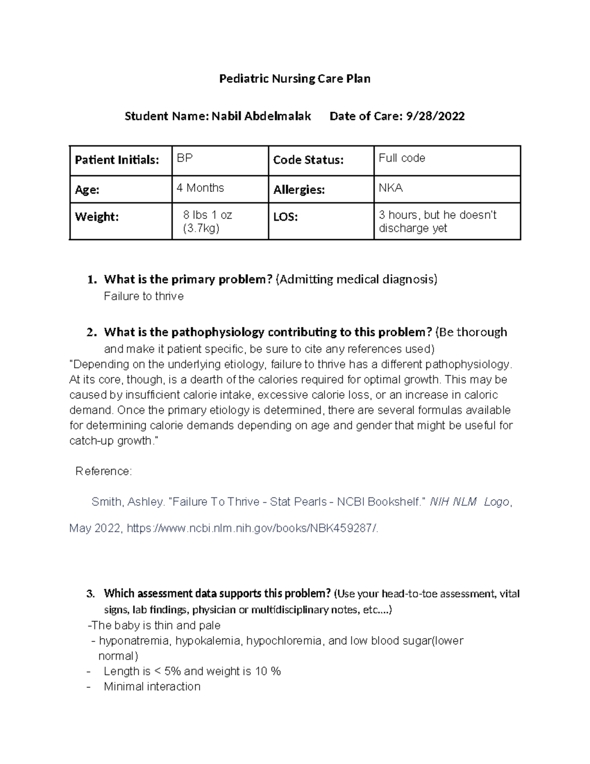 Pediatric Care Plan - Pediatric Nursing Care Plan Student Name: Nabil ...