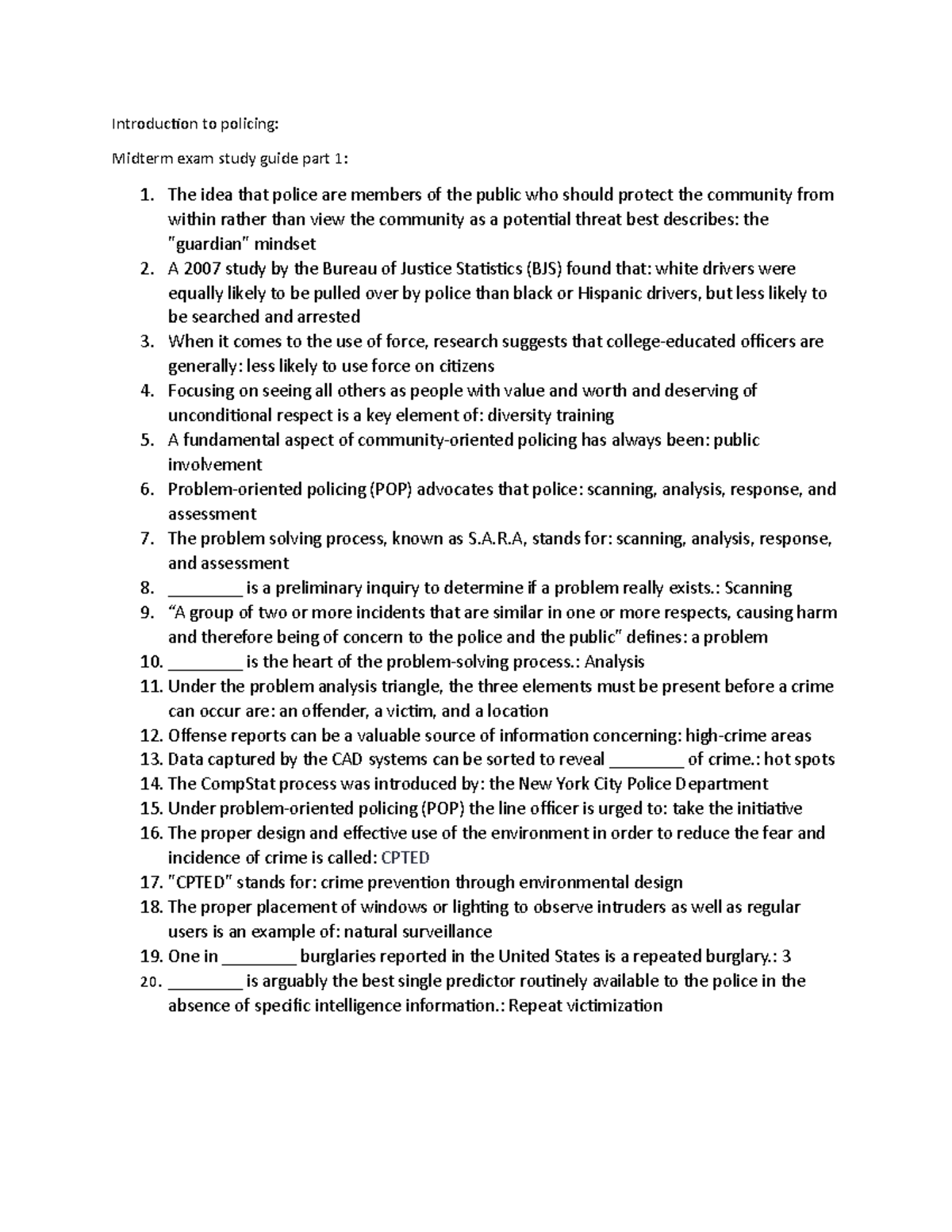 Intro to policing midterm study guide part 1 - Introduction to policing ...
