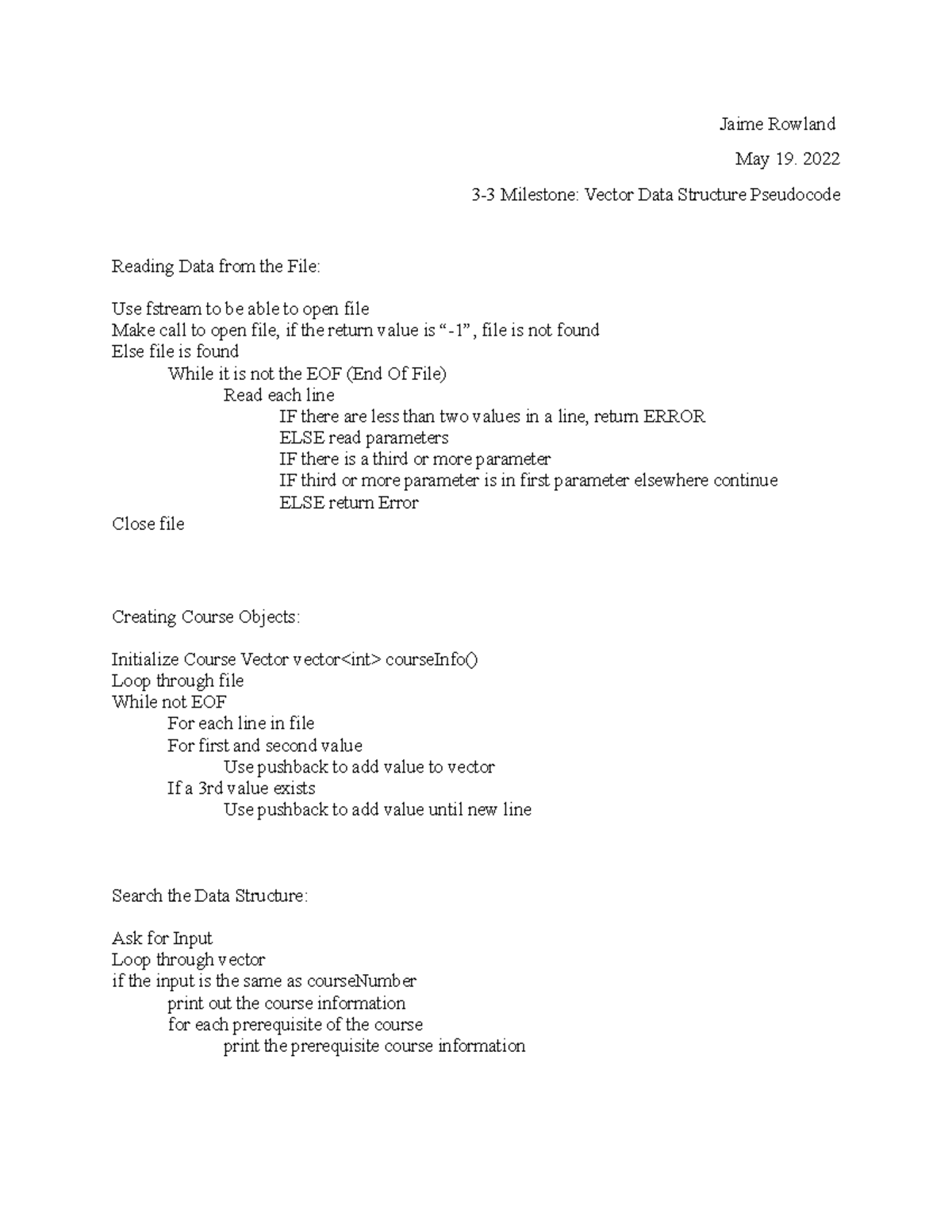 Cs 300 3 3 Milestone Vector Data Structure Pseudocode Jaime Rowland May 19 2022 3 3 Milestone