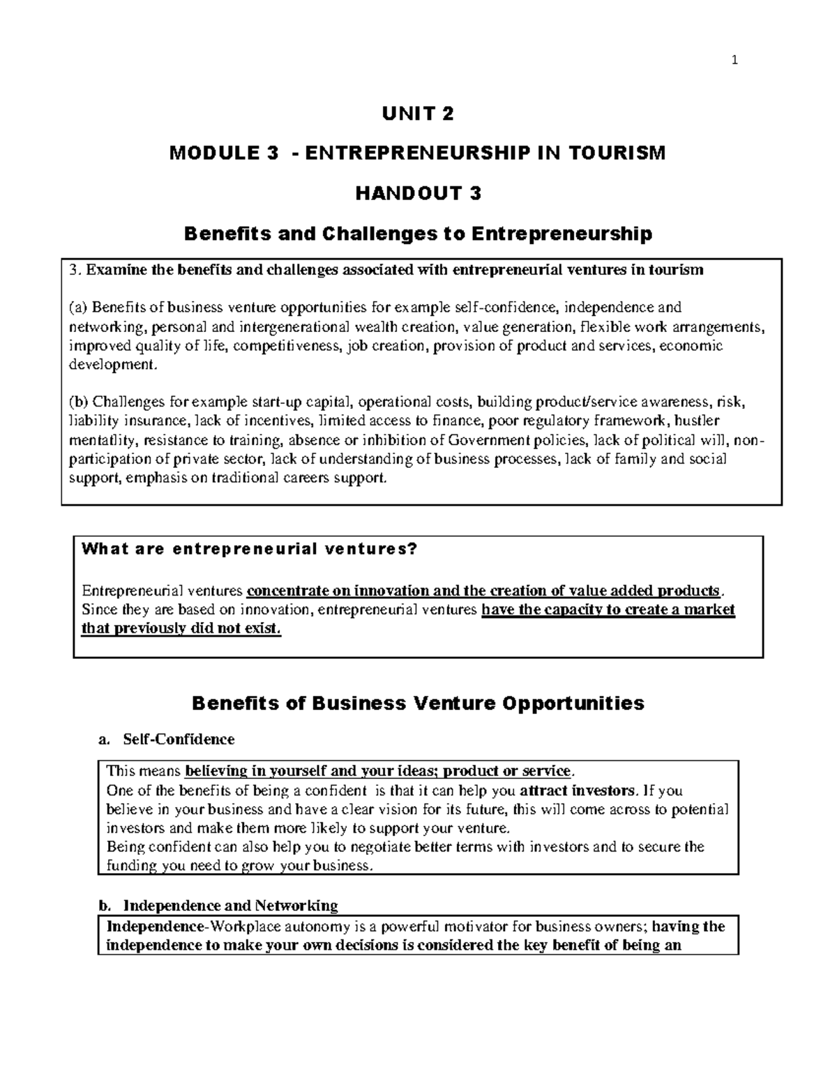 UNIT 2- Module 3- Handout 3-2023 - UNIT 2 MODULE 3 - ENTREPRENEURSHIP ...