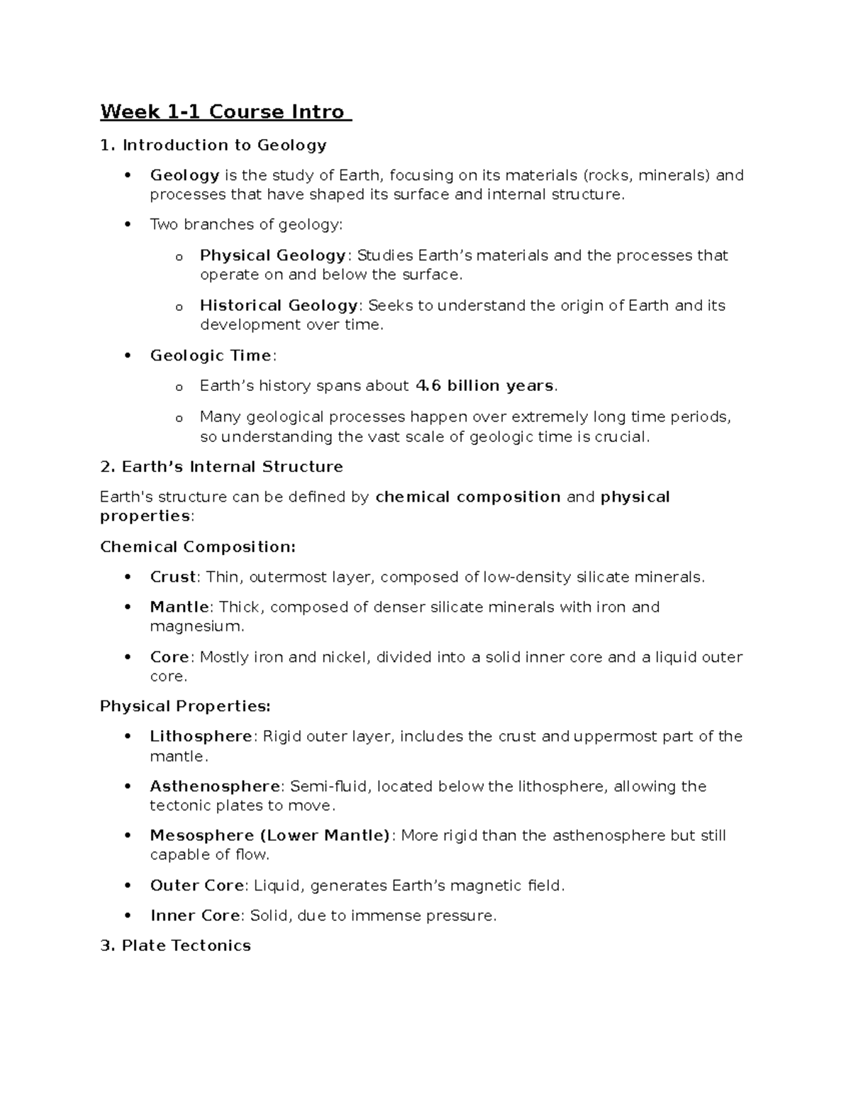 ES 2200 Midterm study - summary of lectures - Week 1-1 Course Intro Introduction to Geology ...