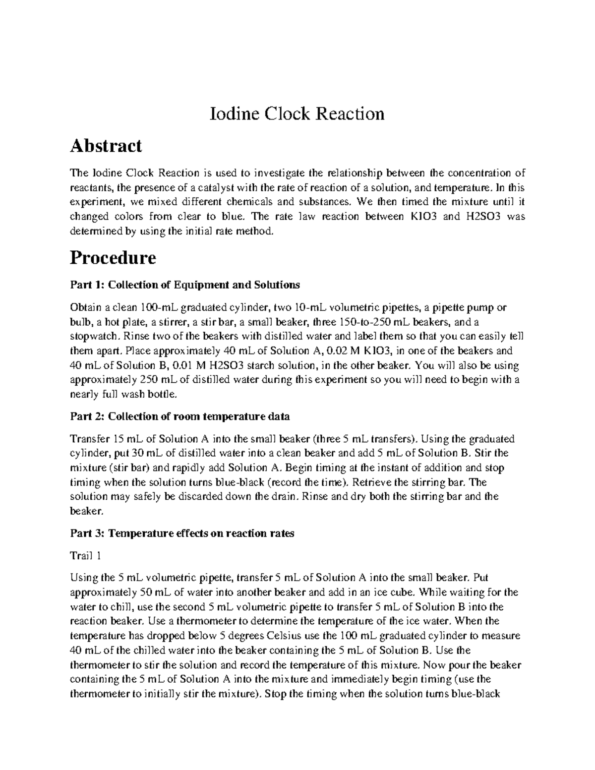 Iodine Clock Reaction - In this experiment, we mixed different ...