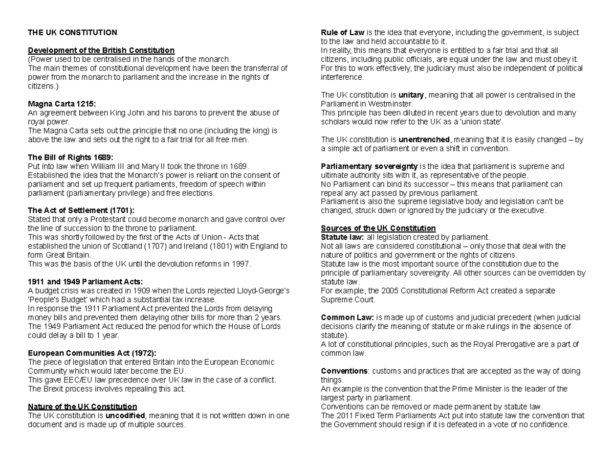 The UK Constitution Full Notes - THE UK CONSTITUTION Development of the ...