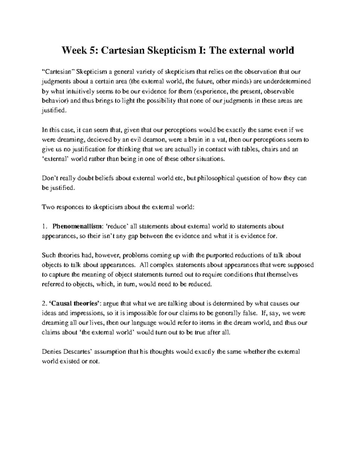 Cartesan Skepticism - reading notes - Week 5: Cartesian Skepticism I ...