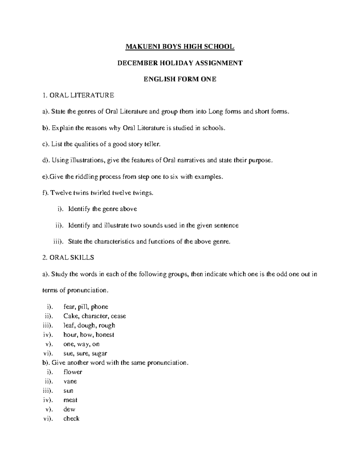English Assignments - Form 1 - English - MAKUENI BOYS HIGH SCHOOL ...