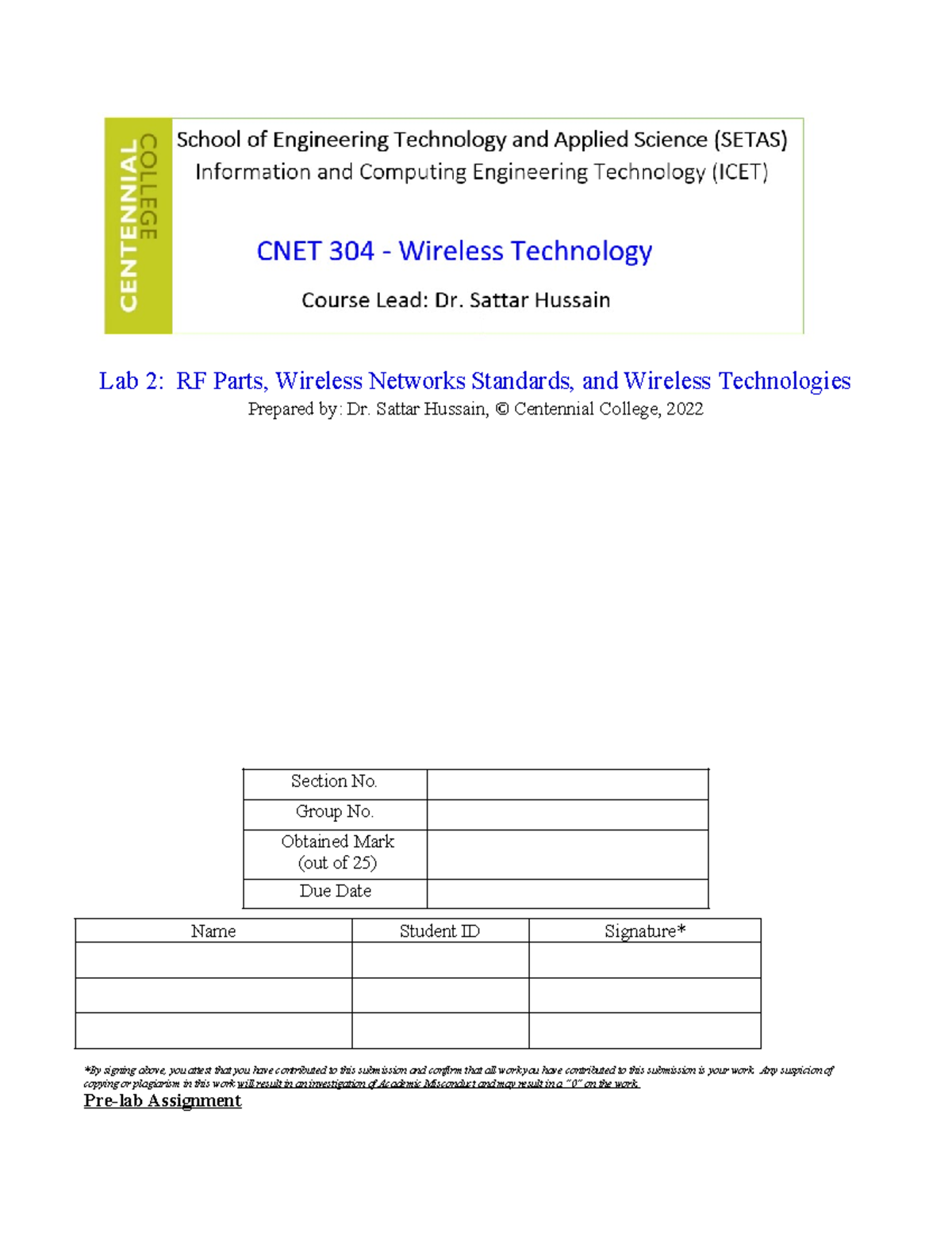 CNET304 Lab 2 RF Parts - Prelab and lab 2 of wireless technology - Lab ...