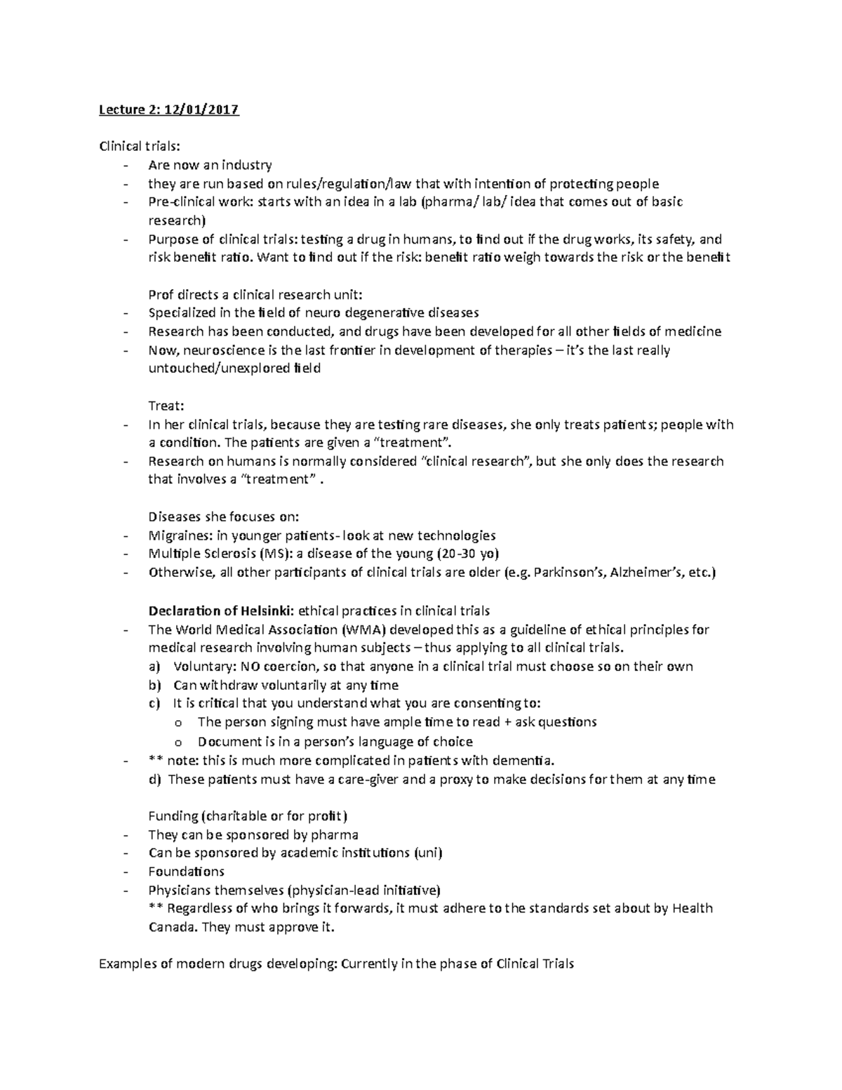 MIMM 387 Lecture 2 - Lecture 2: 12/01/2017 Clinical trials: - Are now ...