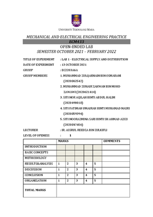 ECM433 CEEC2222A6B LAB 1 - MECHANICAL AND ELECTRICAL ENGINEERING ...