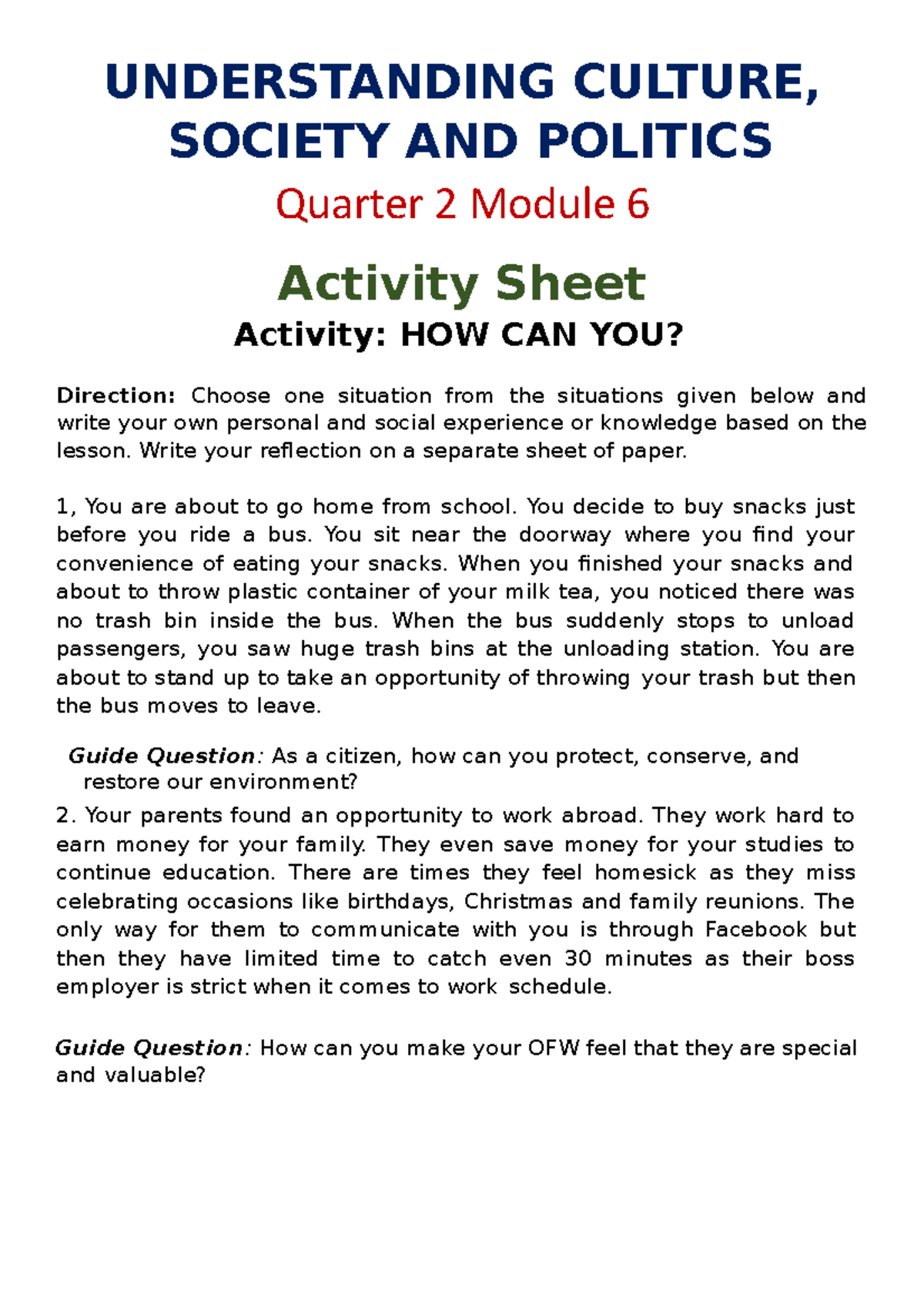 Activity sheet movs - UNDERSTANDING CULTURE, SOCIETY AND POLITICS ...