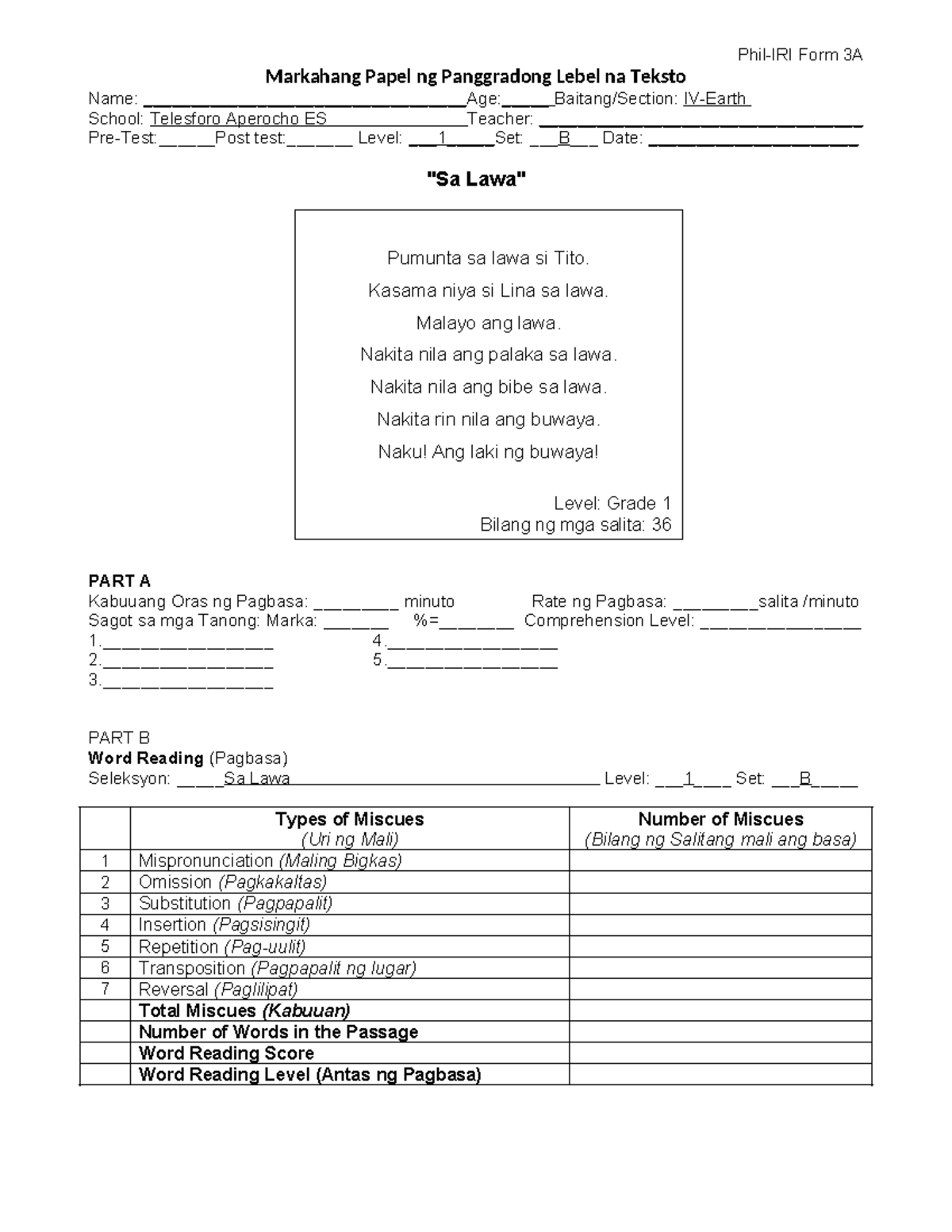 Graded Passages - FOR STUDENTS PURPOSES - Phil-IRI Form 3A Markahang ...