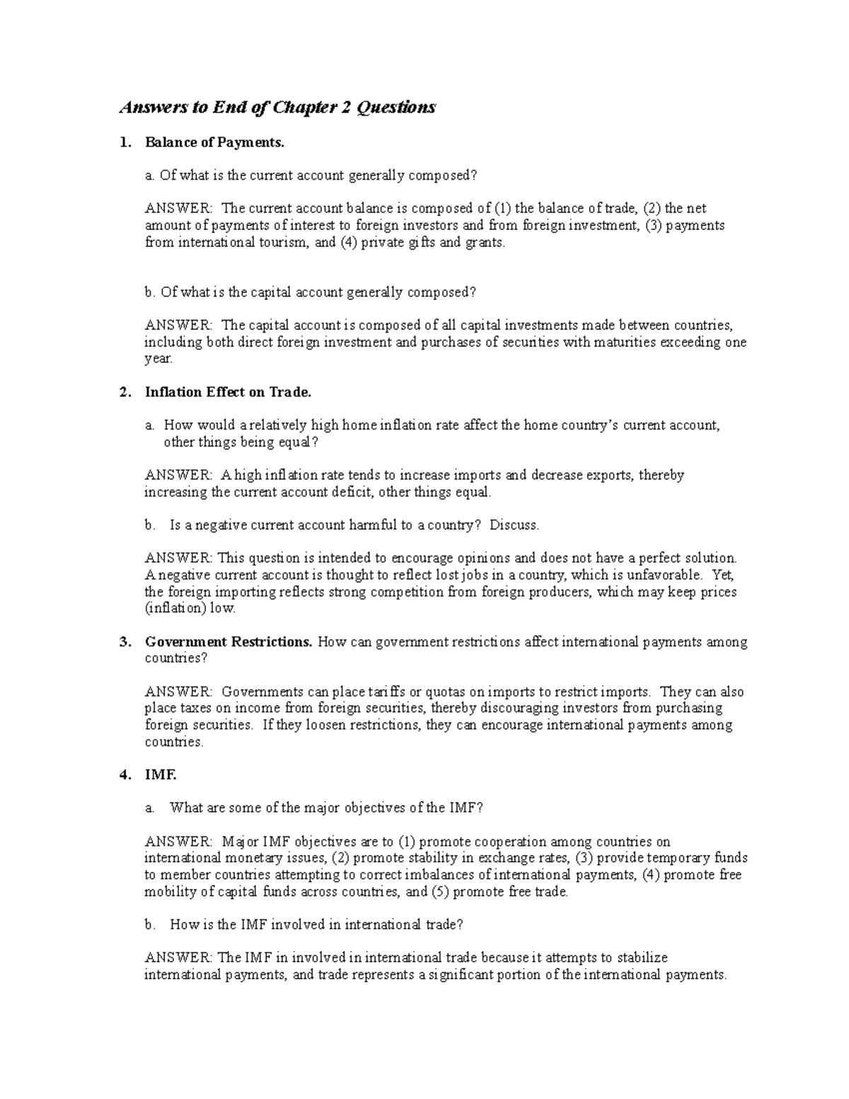Madura IFM10e IM Ch02 - HW that is due - Answers to End of Chapter 2 Questions 1. Balance of ...