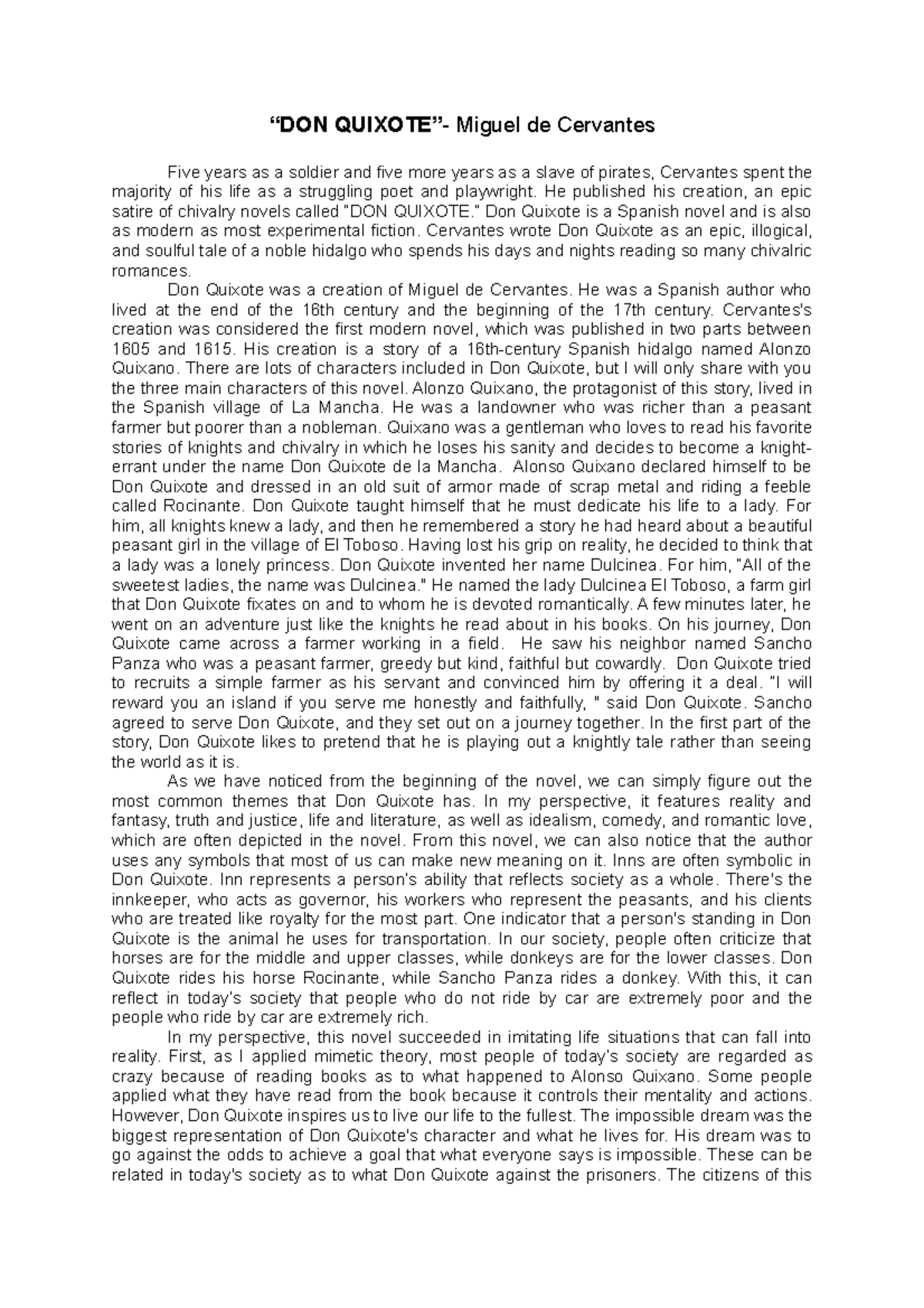 DON Quixote - Analyzing the novel by using the elements of the story ...