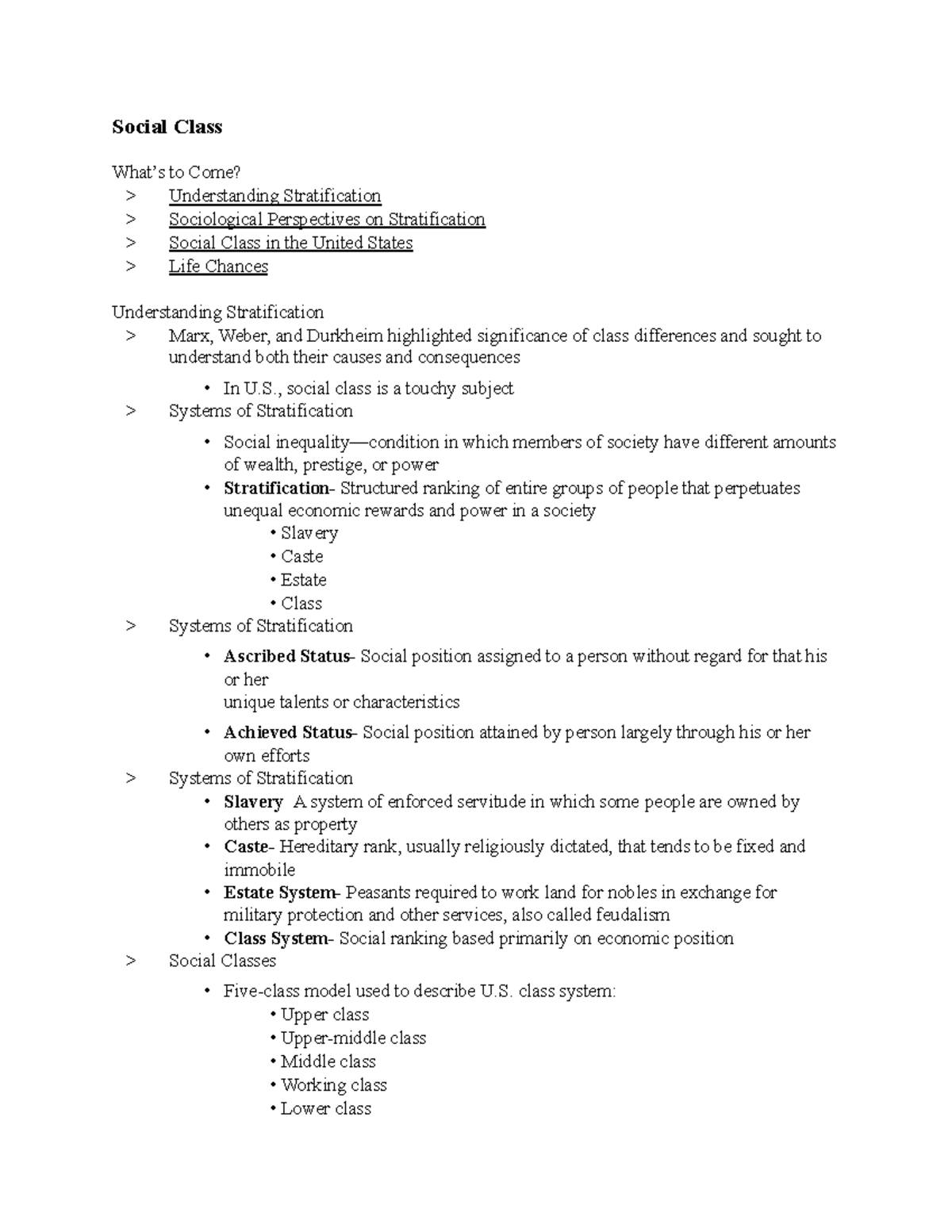 SOC 101 Ch. 10 Social Class Outline - Social Class What’s to Come ...