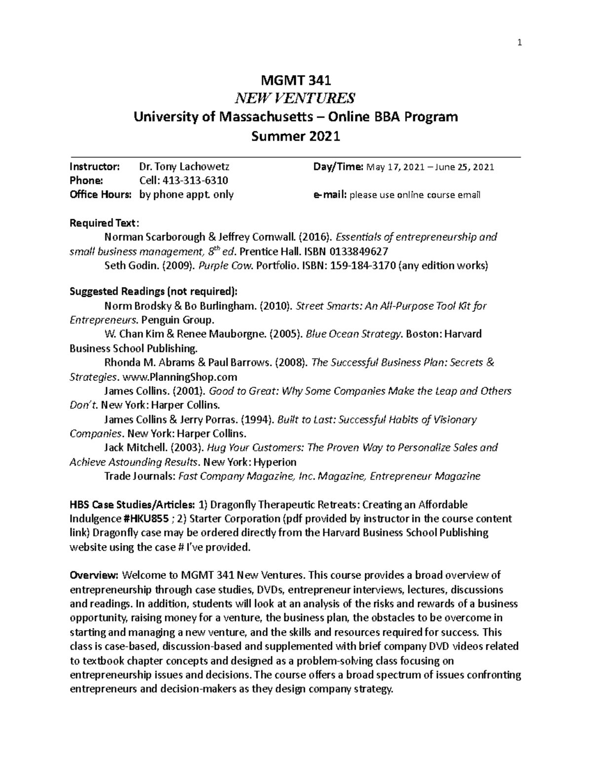 MGMT 341 Syllabus (final draft Sm 2021)(1) - MGMT 341 NEW VENTURES University of Massachusetts ...