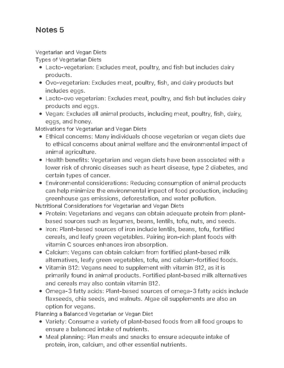 Notes 5 - Notes 5 Vegetarian and Vegan Diets Types of Vegetarian Diets ...