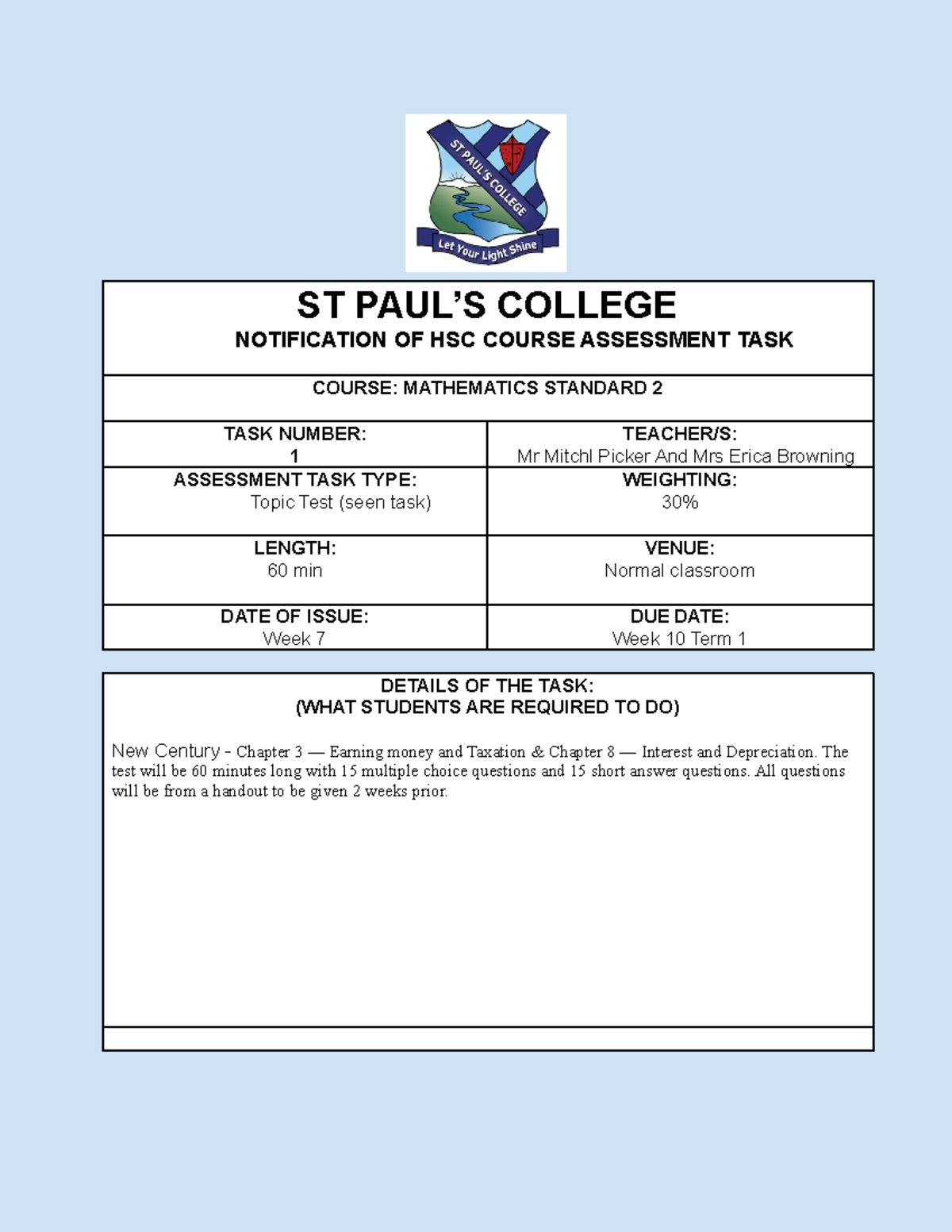Year 11 Standard task 1 finanical 2023 - ST PAUL’S COLLEGE NOTIFICATION OF HSC COURSE ASSESSMENT ...