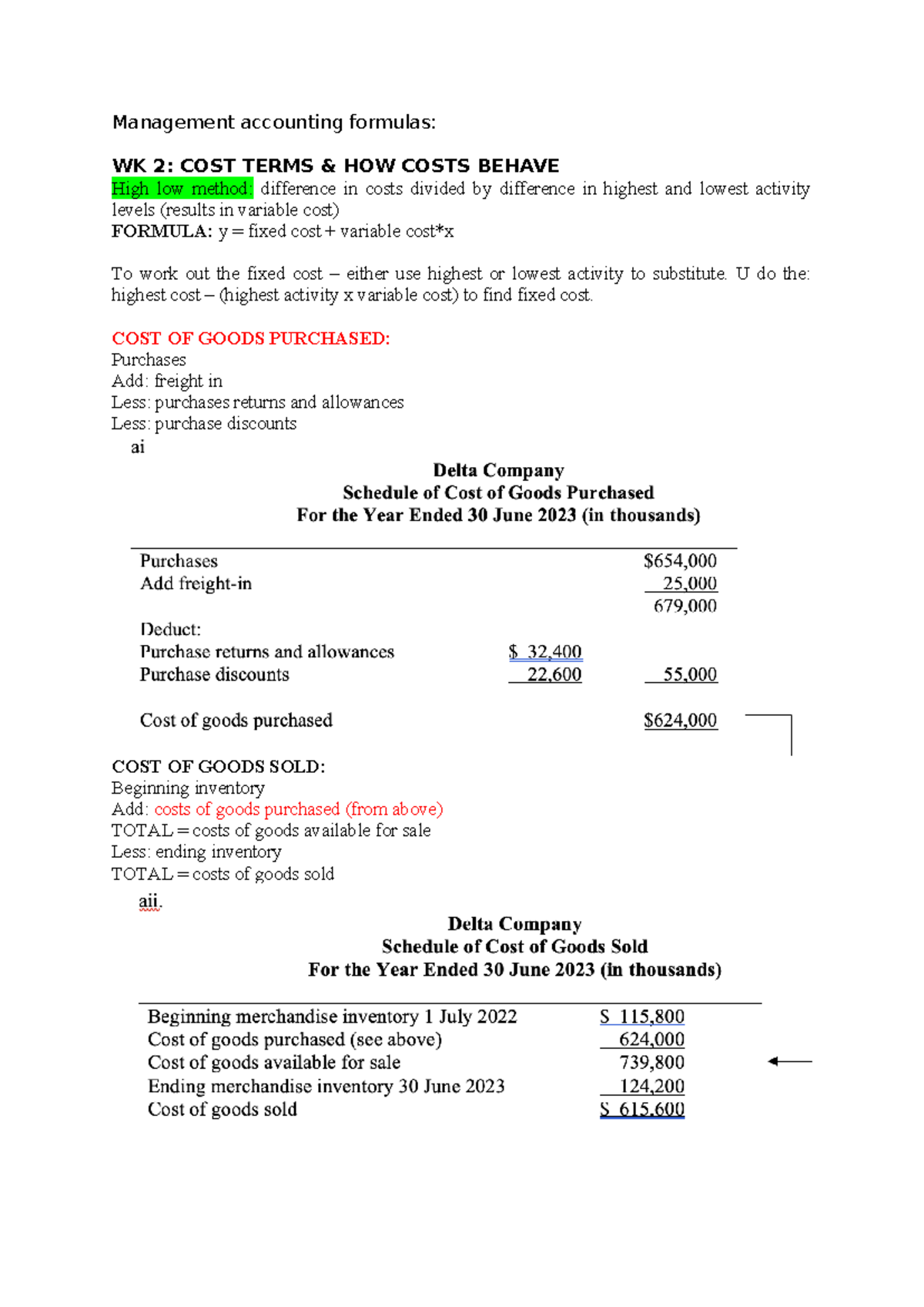 Formula sheet management acct - Management accounting formulas: WK 2 ...