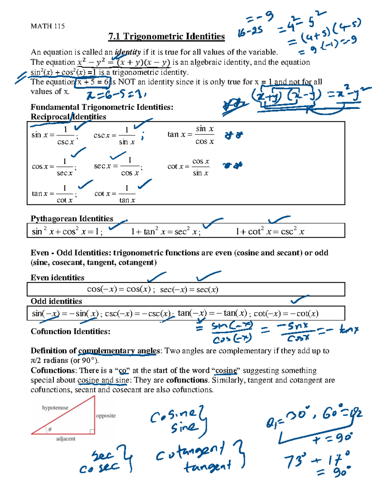 7.1 Trig Identities pdf - ####### MATH 115 7 Trigonometric Identities ...
