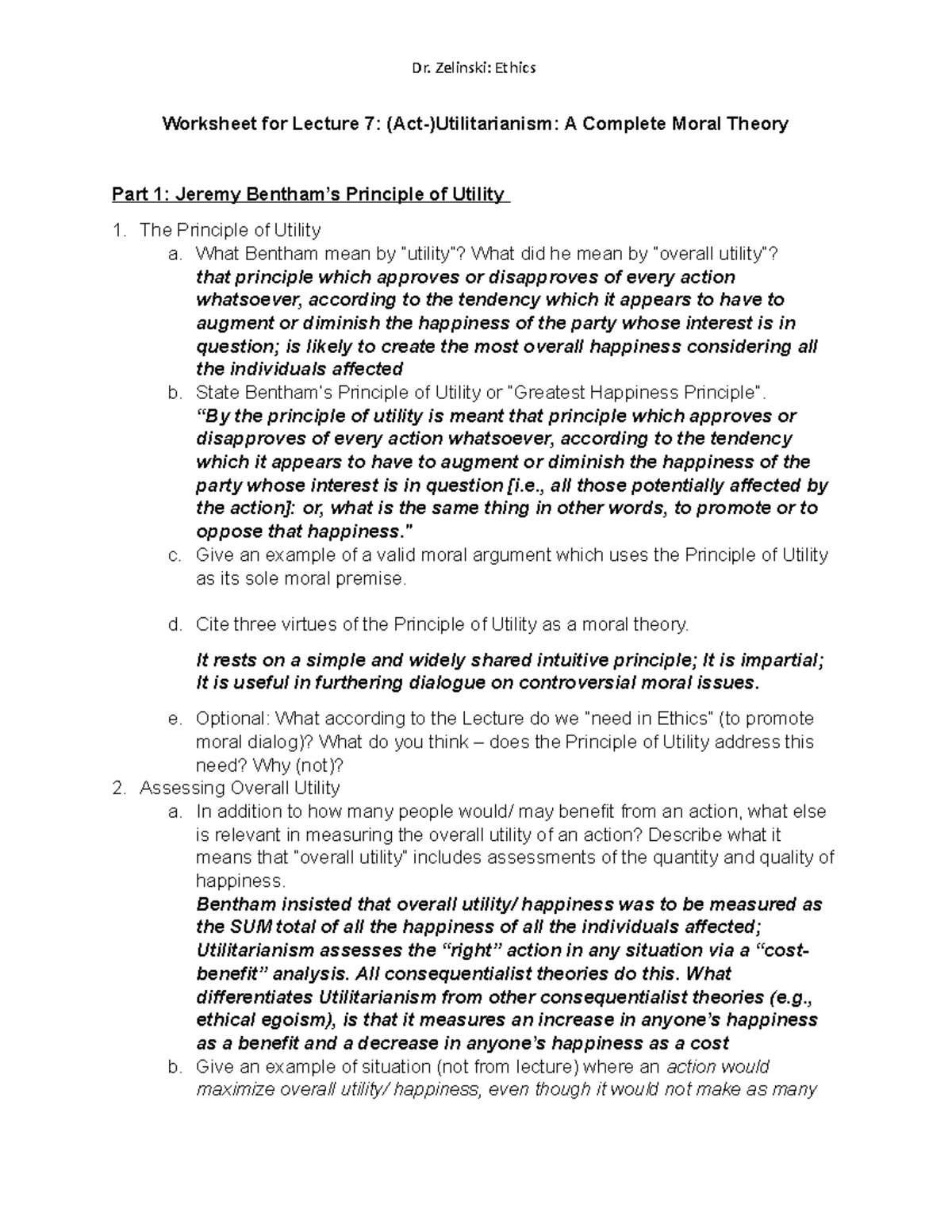 Worksheet - Lecture 8 - Utilitarianism - Sp2021 - Worksheet for Lecture ...