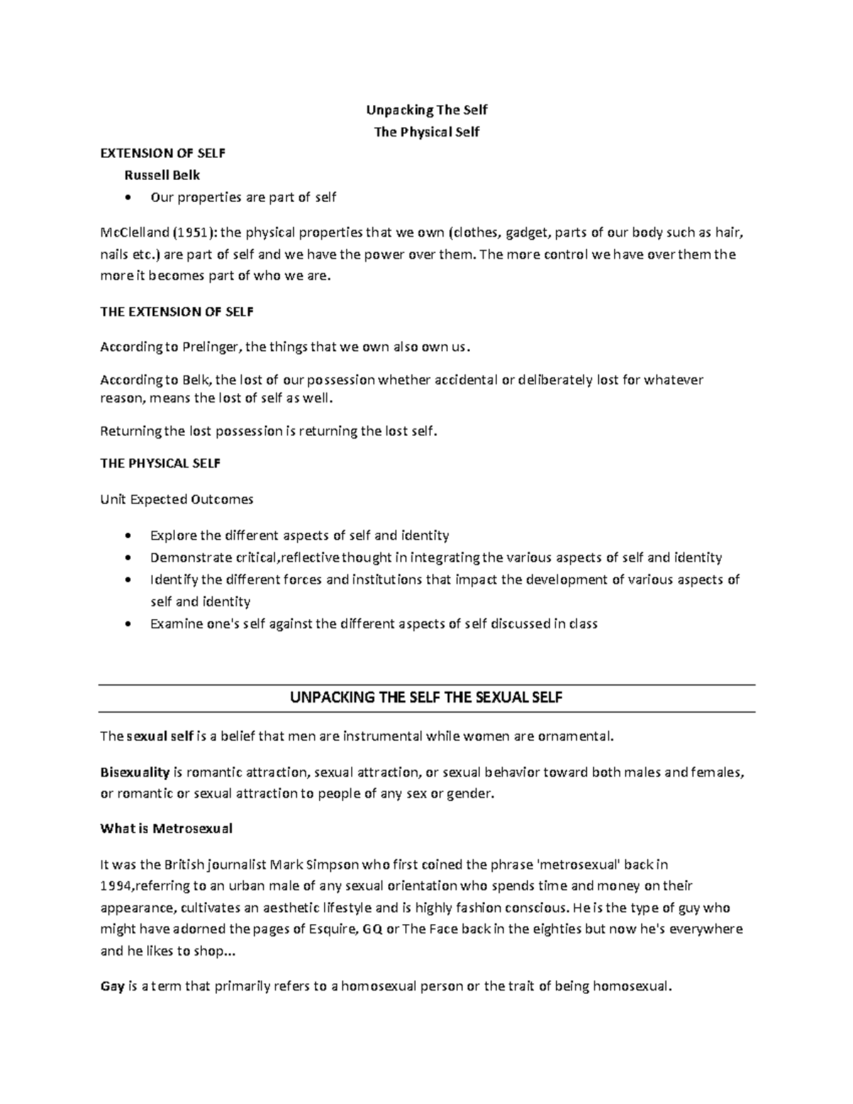 UTS Reviewer midterm - finals - Unpacking The Self The Physical Self ...