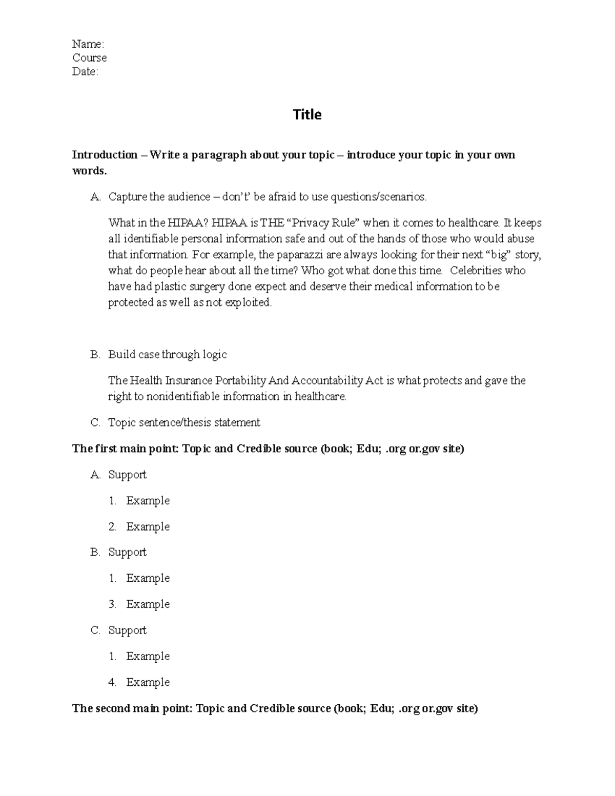 Week 5 Course Outline Template - Name: Course Date: Title Introduction ...