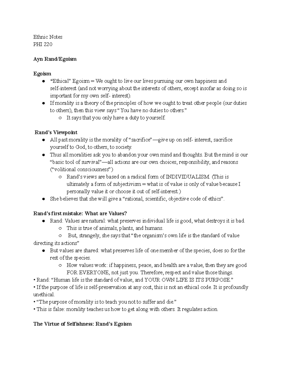Ethic Notes 3 - Ethnic Notes PHI 220 Ayn Rand/Egoism Egoism “Ethical ... Ethic Notes 3 - Ethnic Notes PHI 220 Ayn Rand/Egoism Egoism “Ethical ...