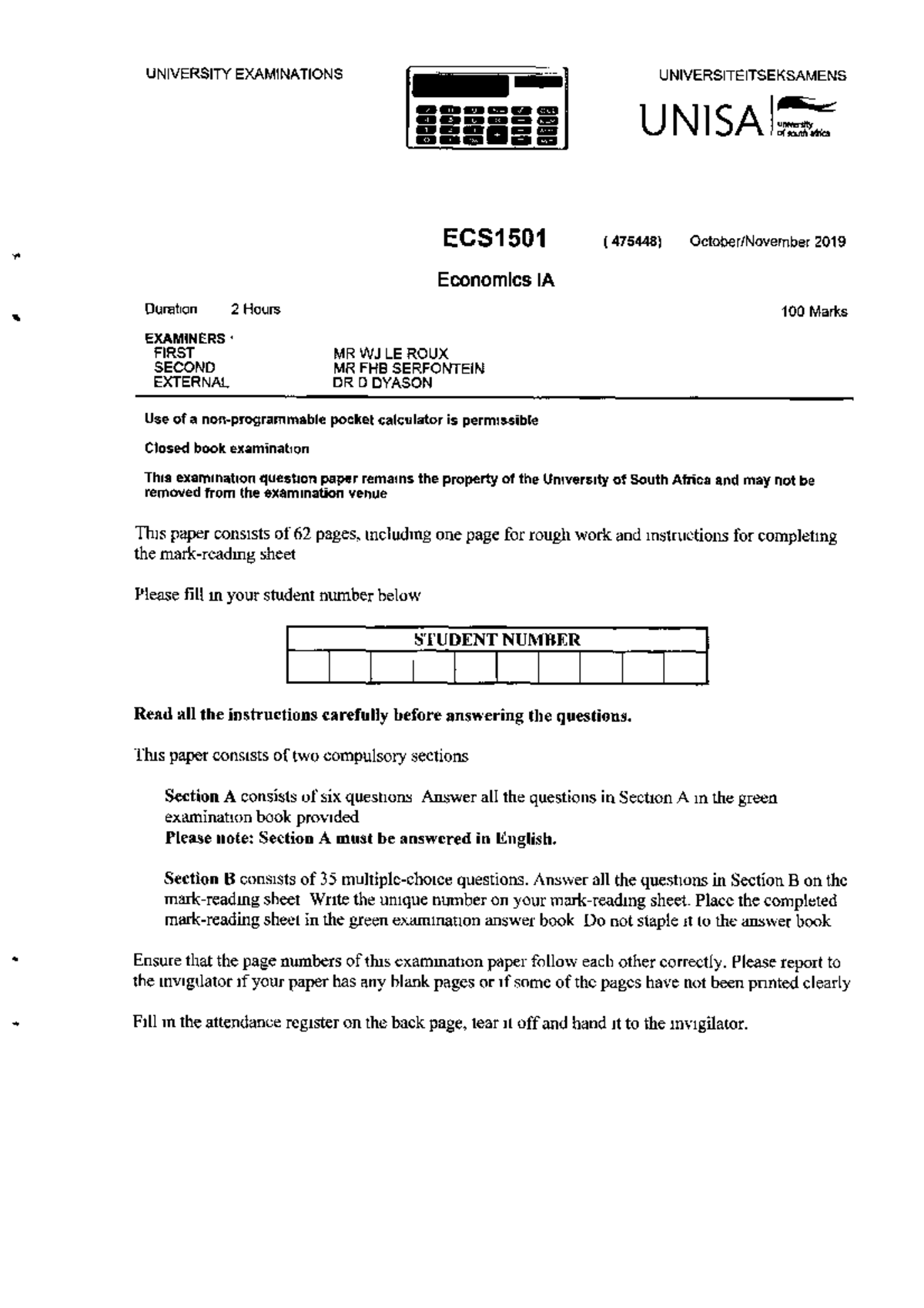 ECS1501 2019 10 E 1 - Exam pack - ECS1501 - Studocu